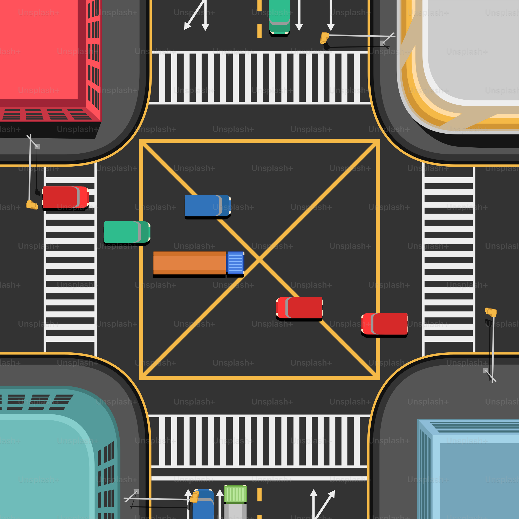 An overhead view of an intersection with cars and trucks vector – Cars ...