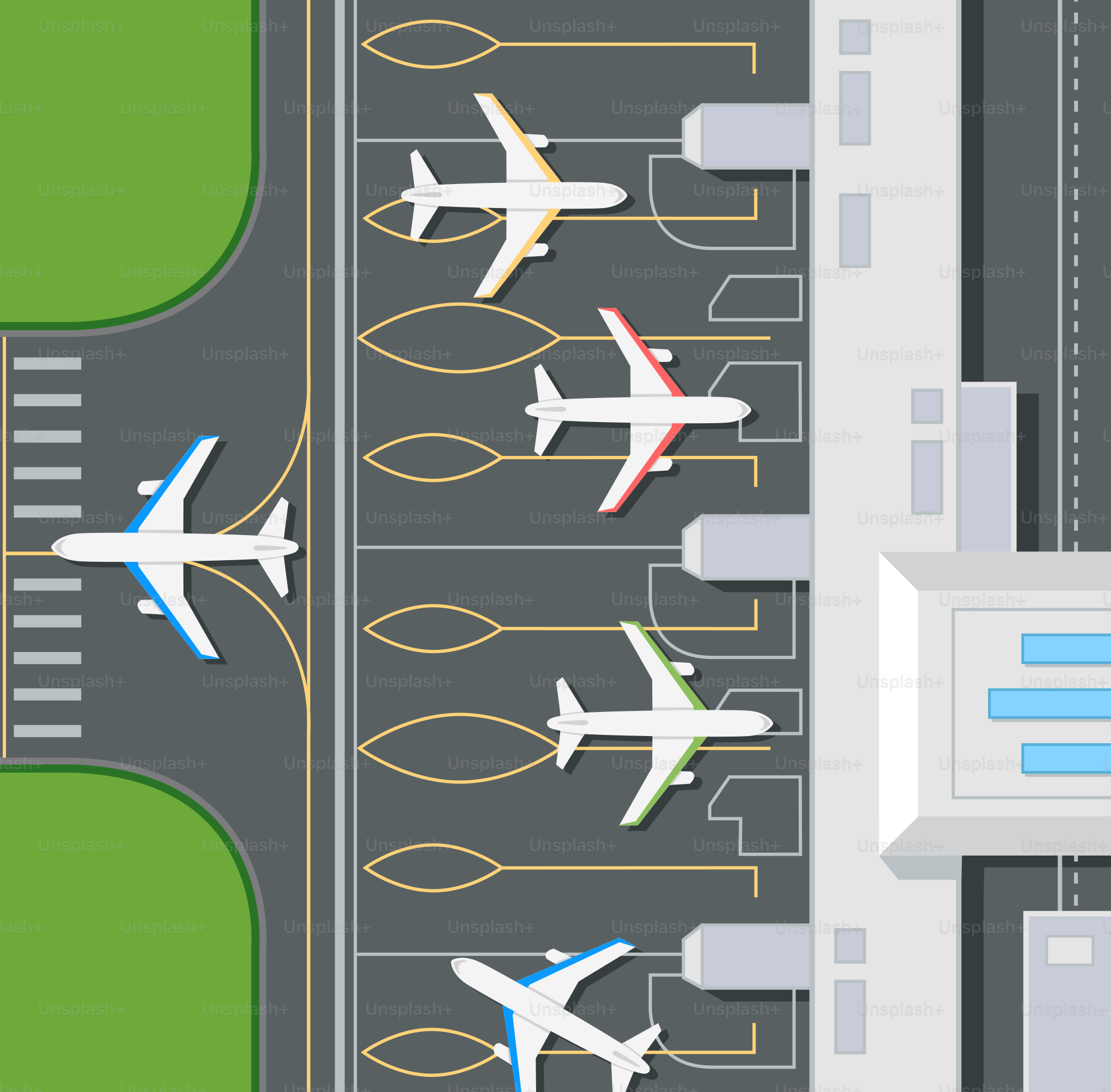 An aerial view of an airport with airplanes on the tarmac vector ...