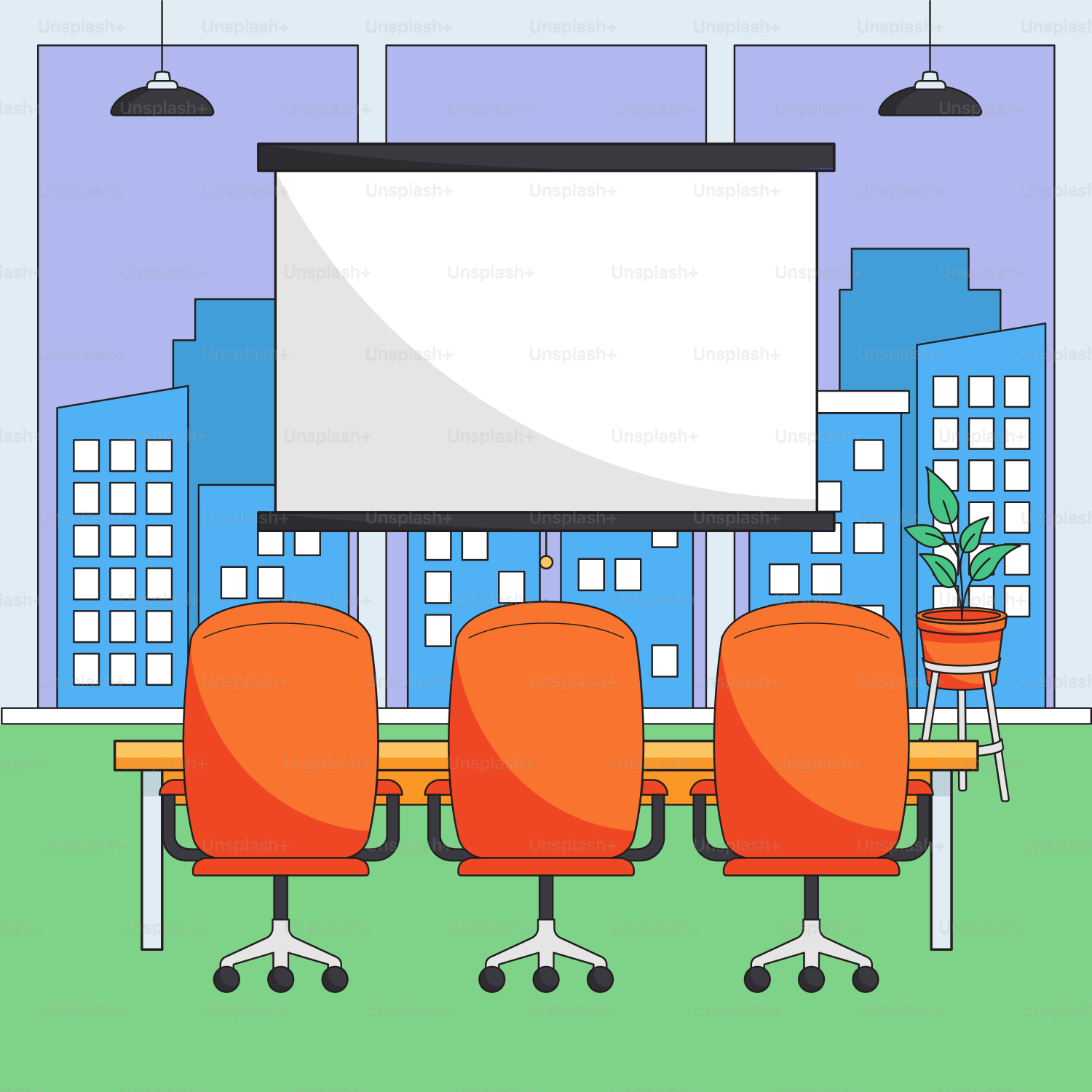 A conference room with chairs and a projector screen vector – Office ...