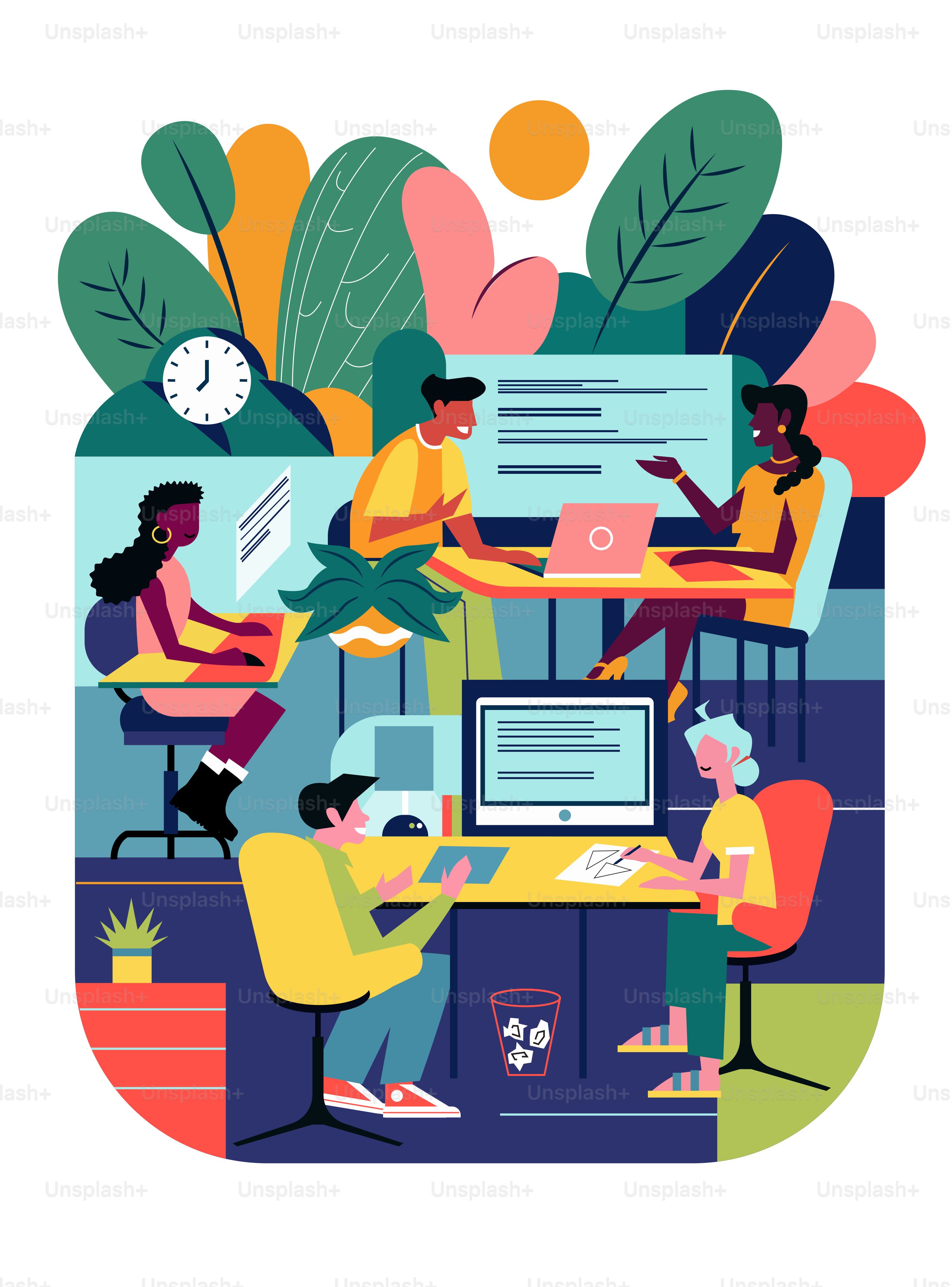 A group of people sitting around a computer vector – Flat design Image ...