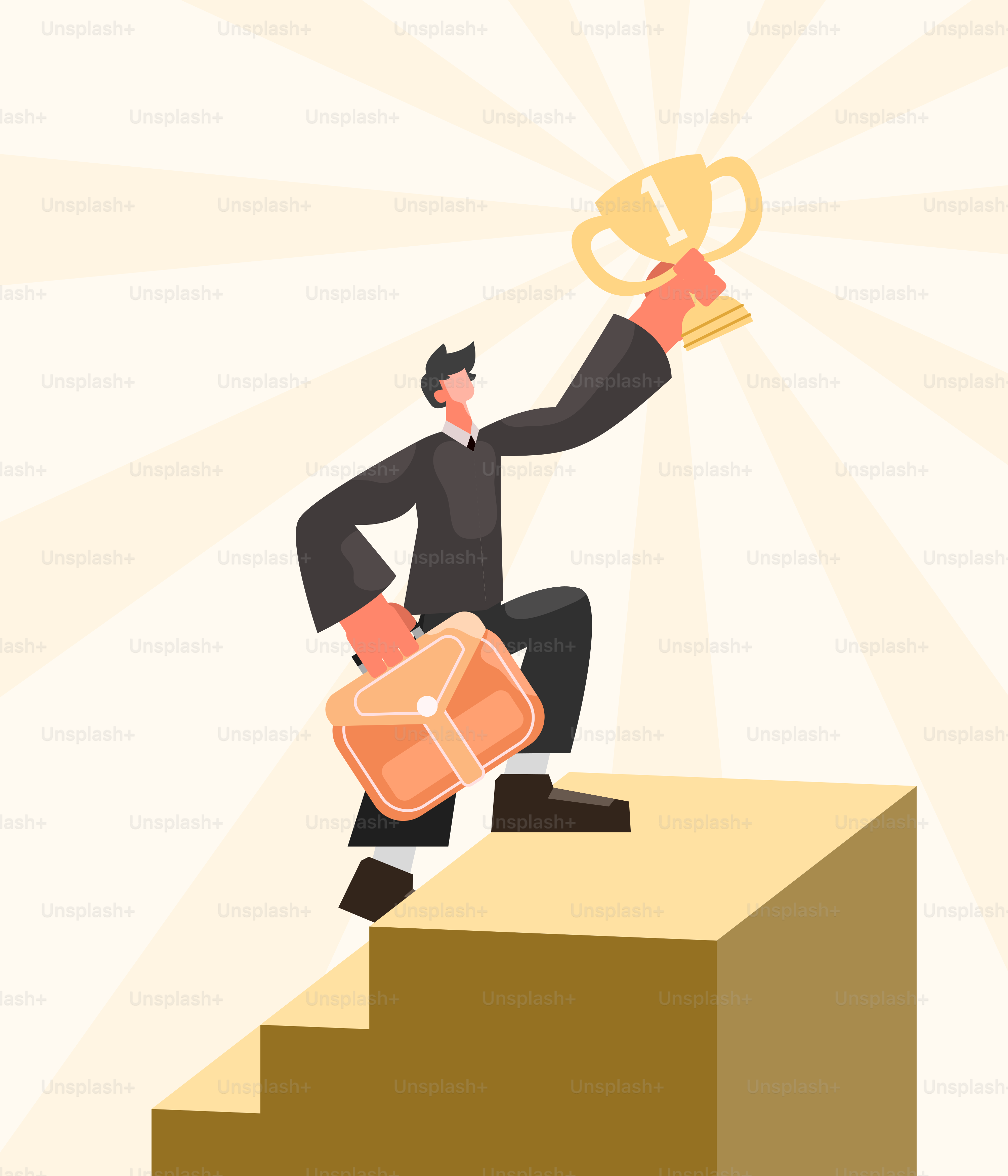 A man holding a trophy on top of a stair vector – Illustration Image on ...