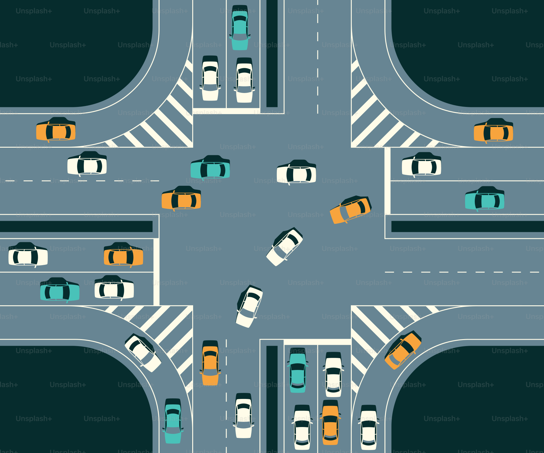 An overhead view of a busy intersection with cars vector – Traffic ...