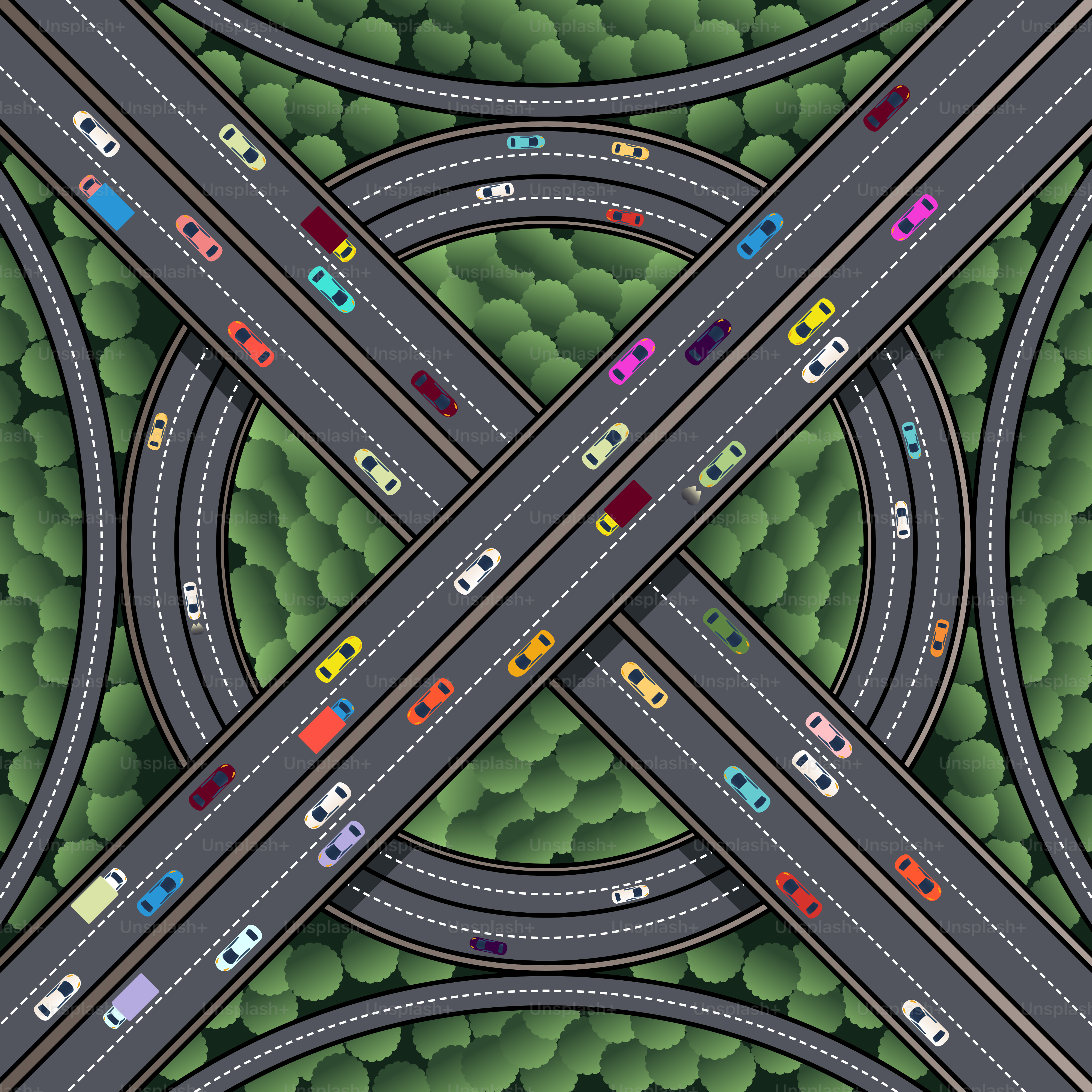 An aerial view of a road intersection with cars and trucks vector ...
