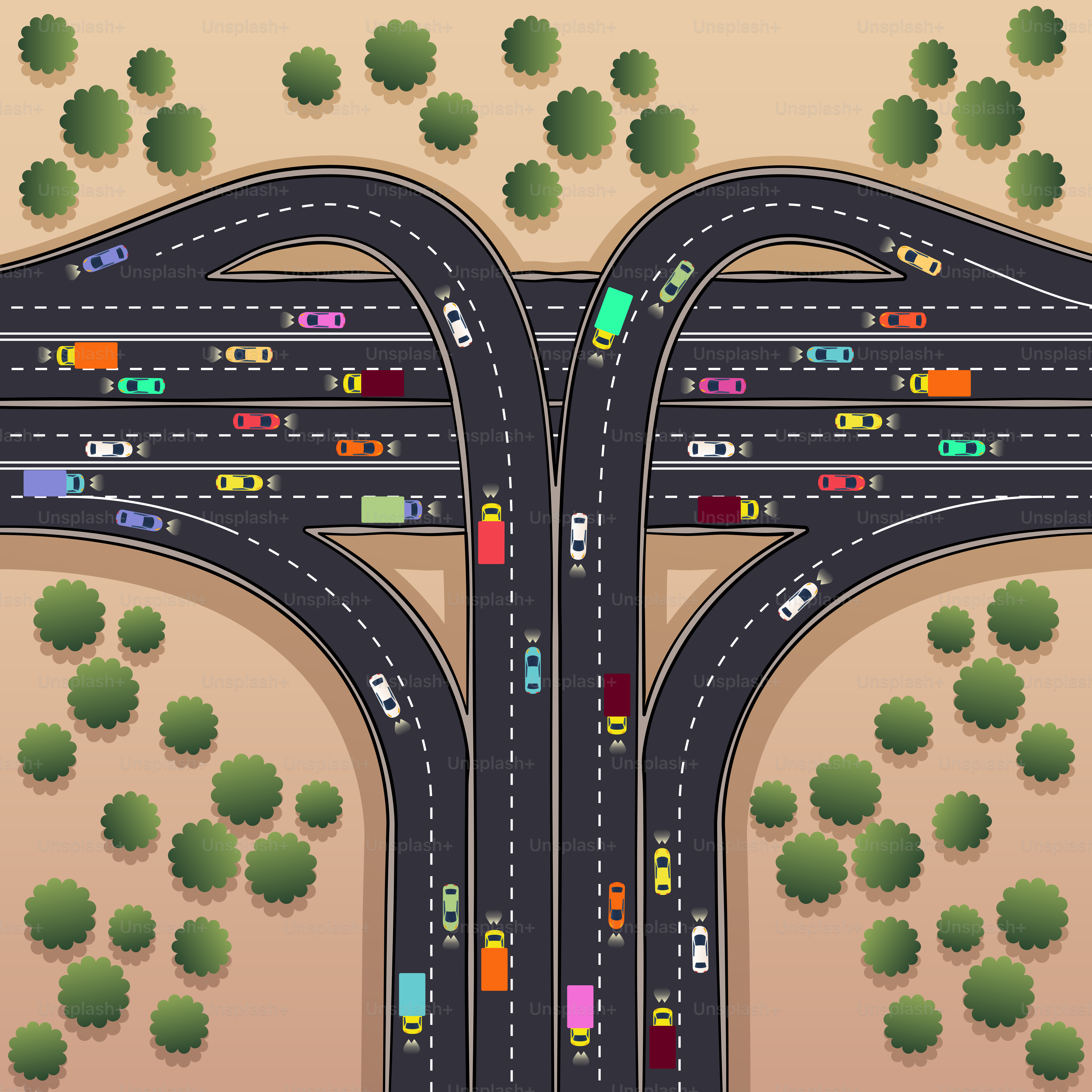 An aerial view of a highway with cars and trees vector – Freeway Image ...