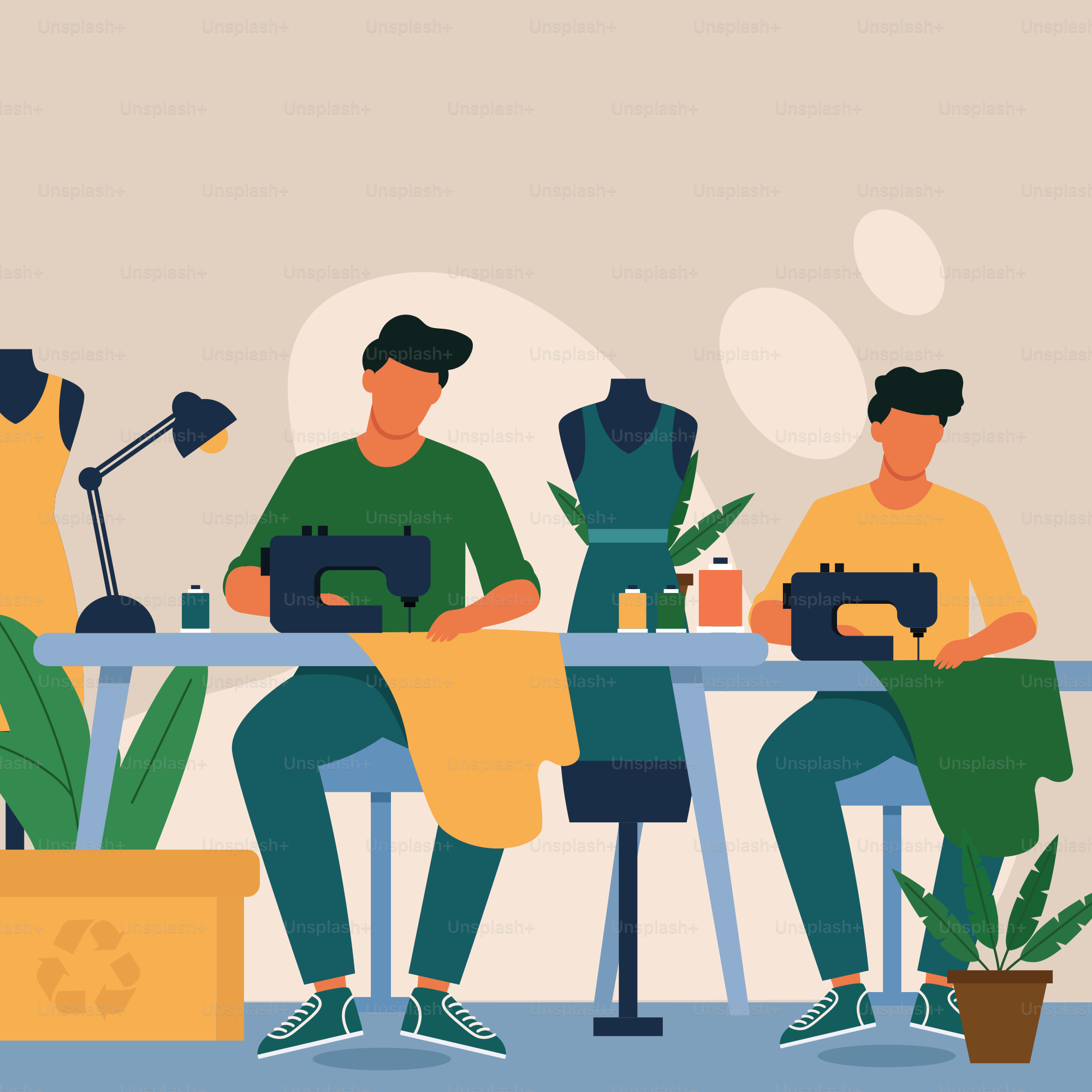A group of people sitting at a table with sewing machines vector ...