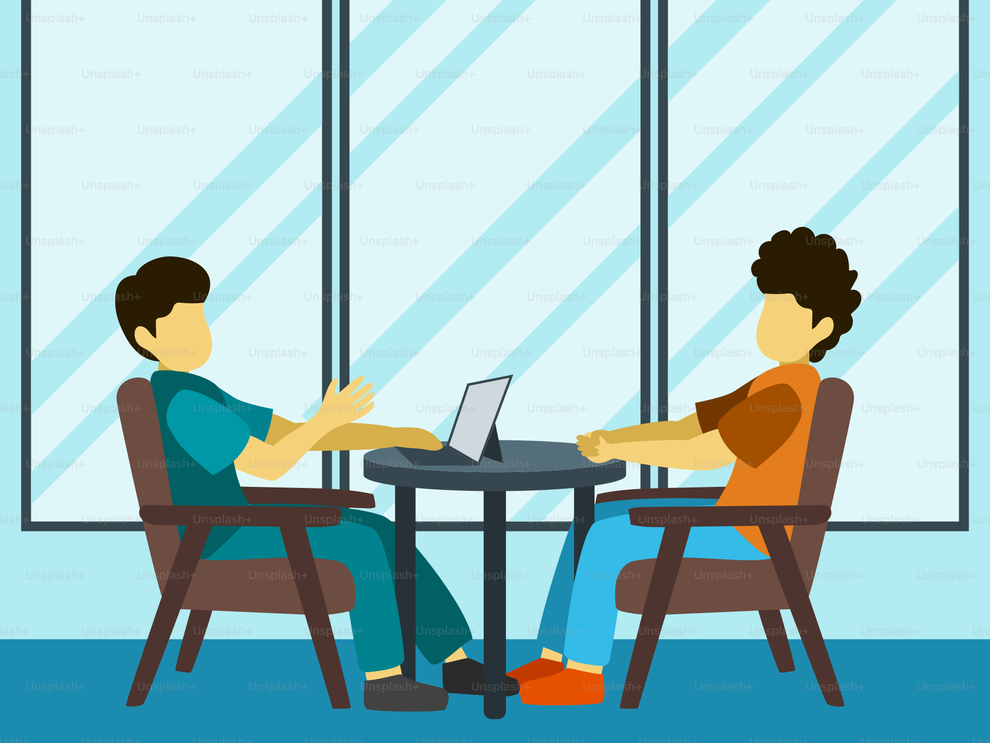 Due persone sedute a un tavolo con un computer portatile vettoriale ...