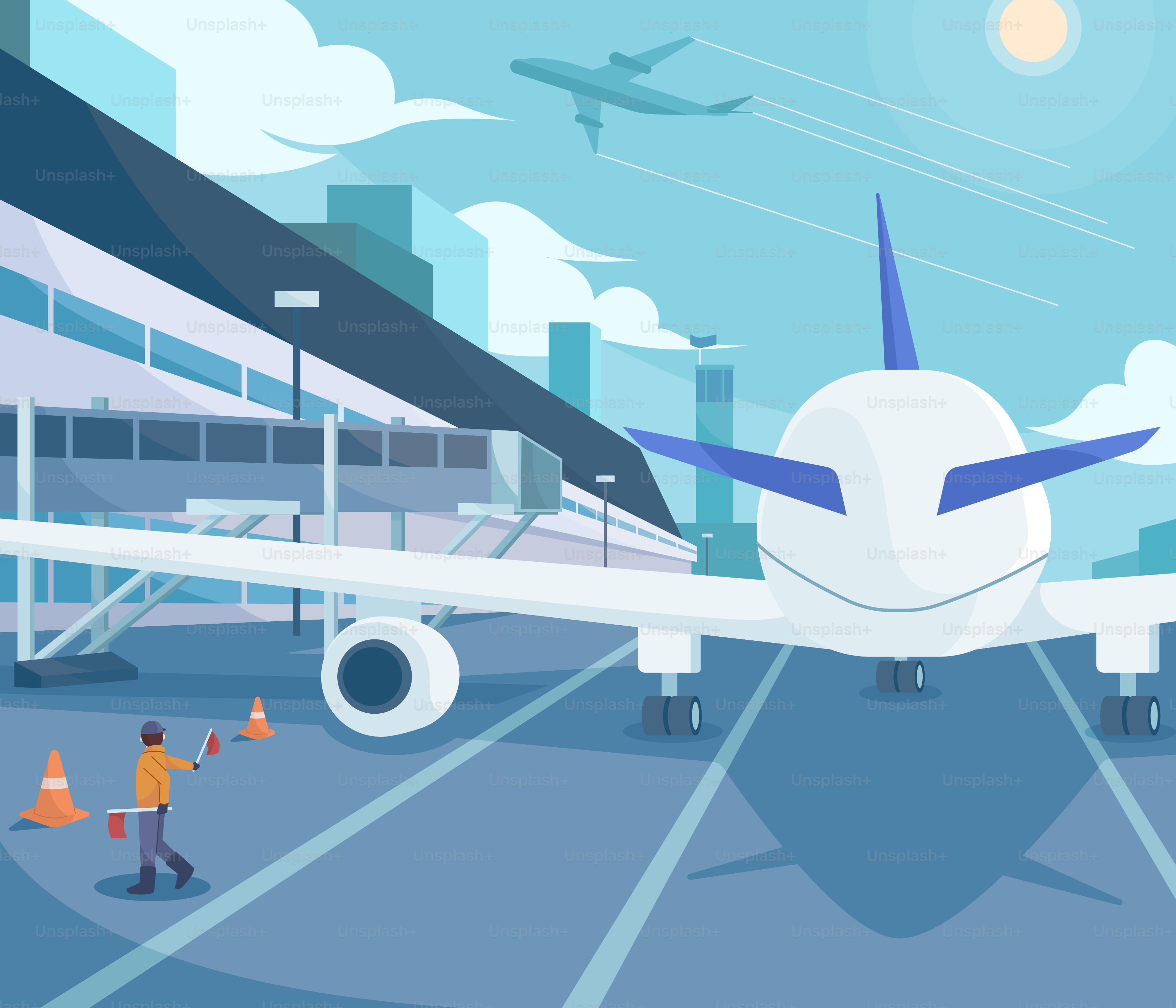 An illustration of an airport with a plane on the tarmac vector ...