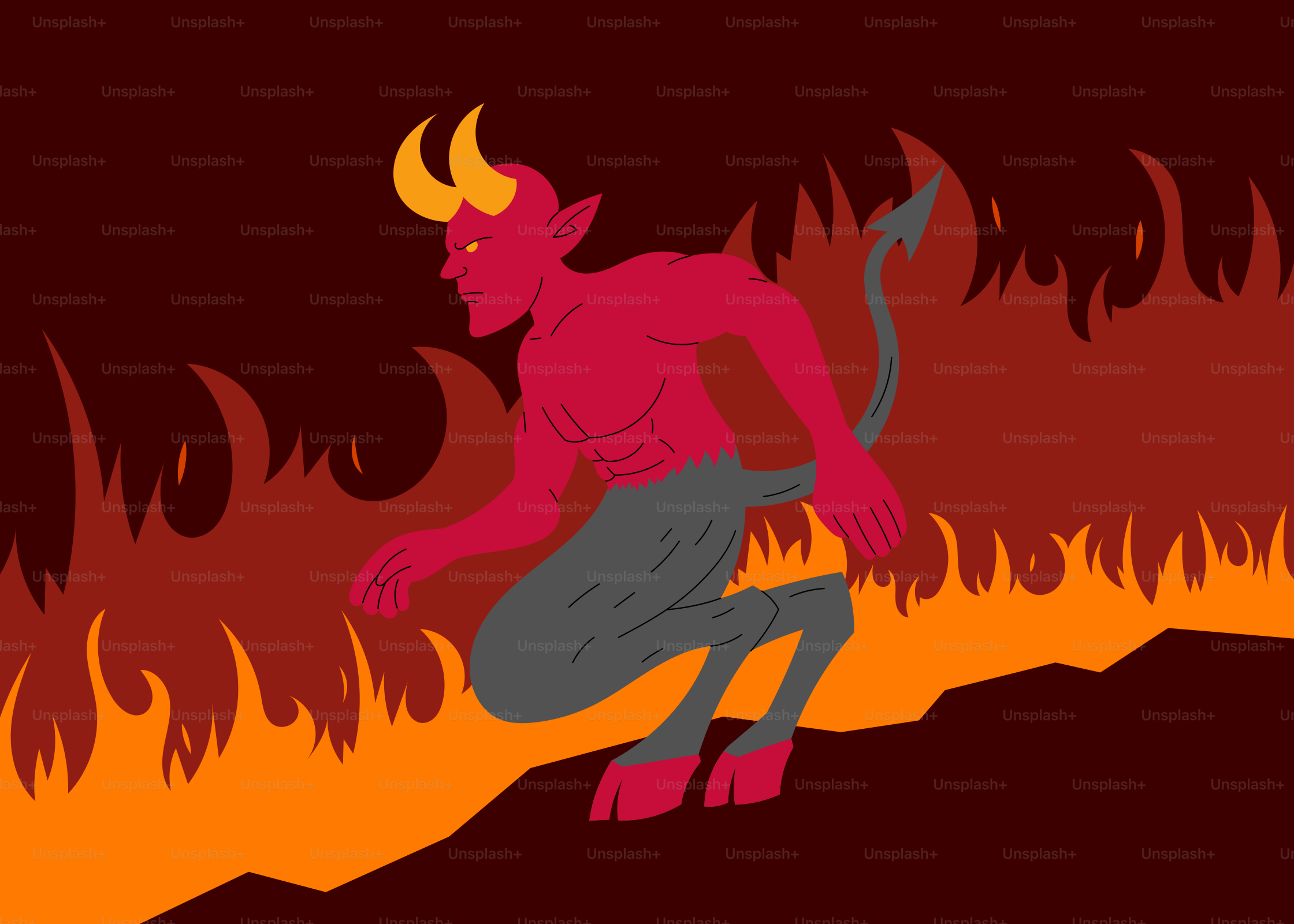 A devil kneeling down in front of a fire vector – Character Image on ...