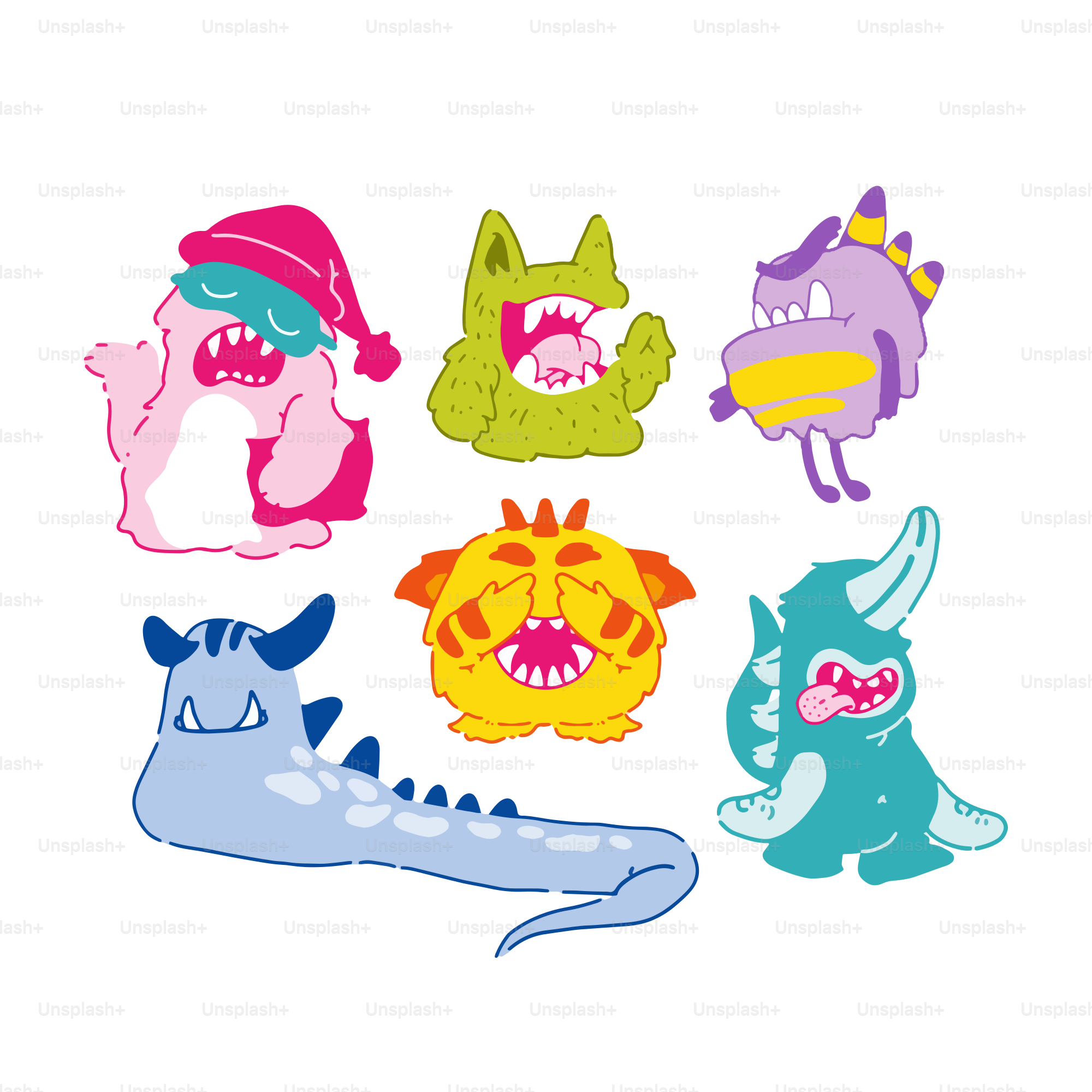 A group of cartoon monsters with hats on vector – Characters Image on ...