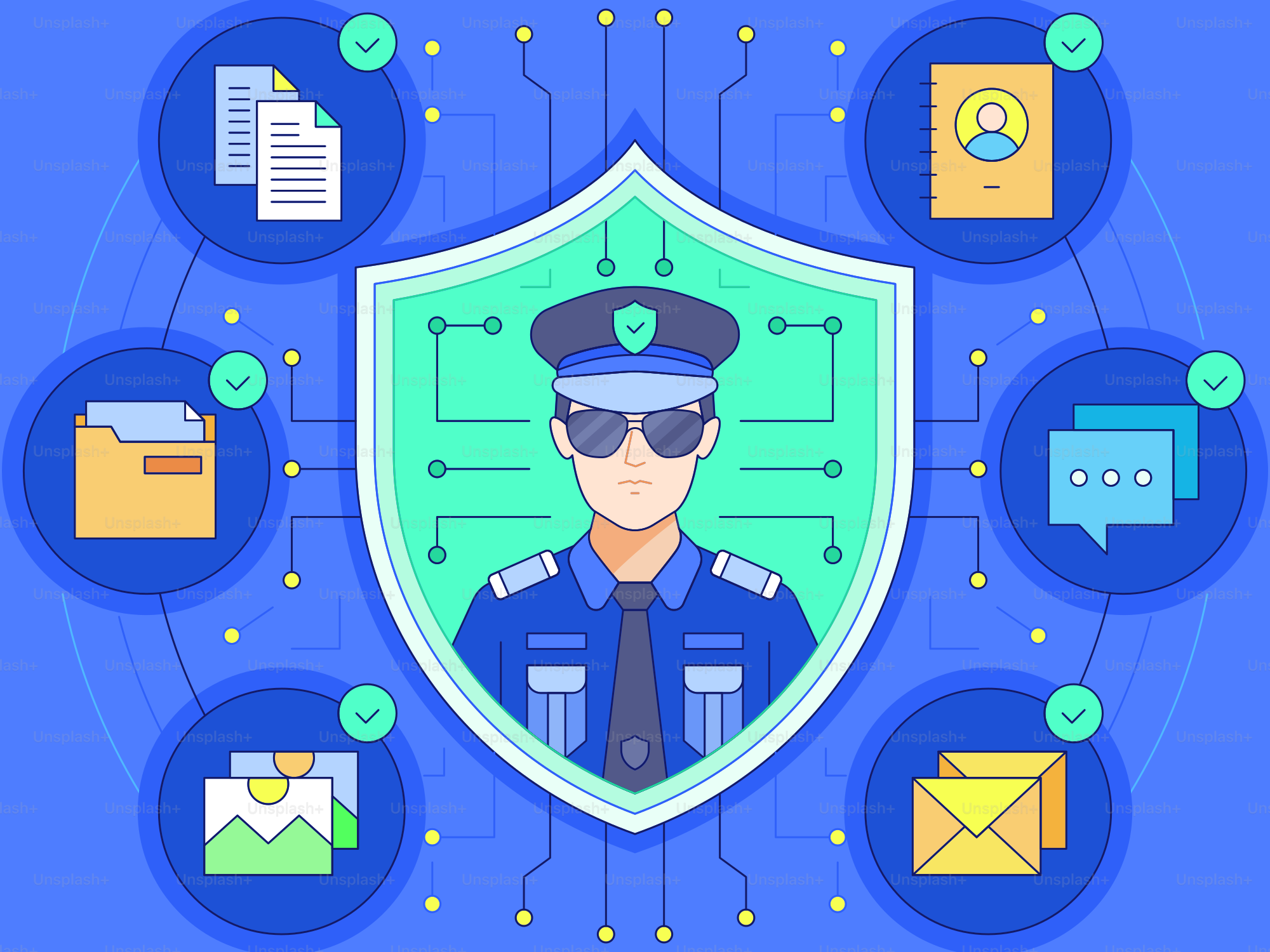 A man in a police uniform surrounded by icons vector – Cyber security ...