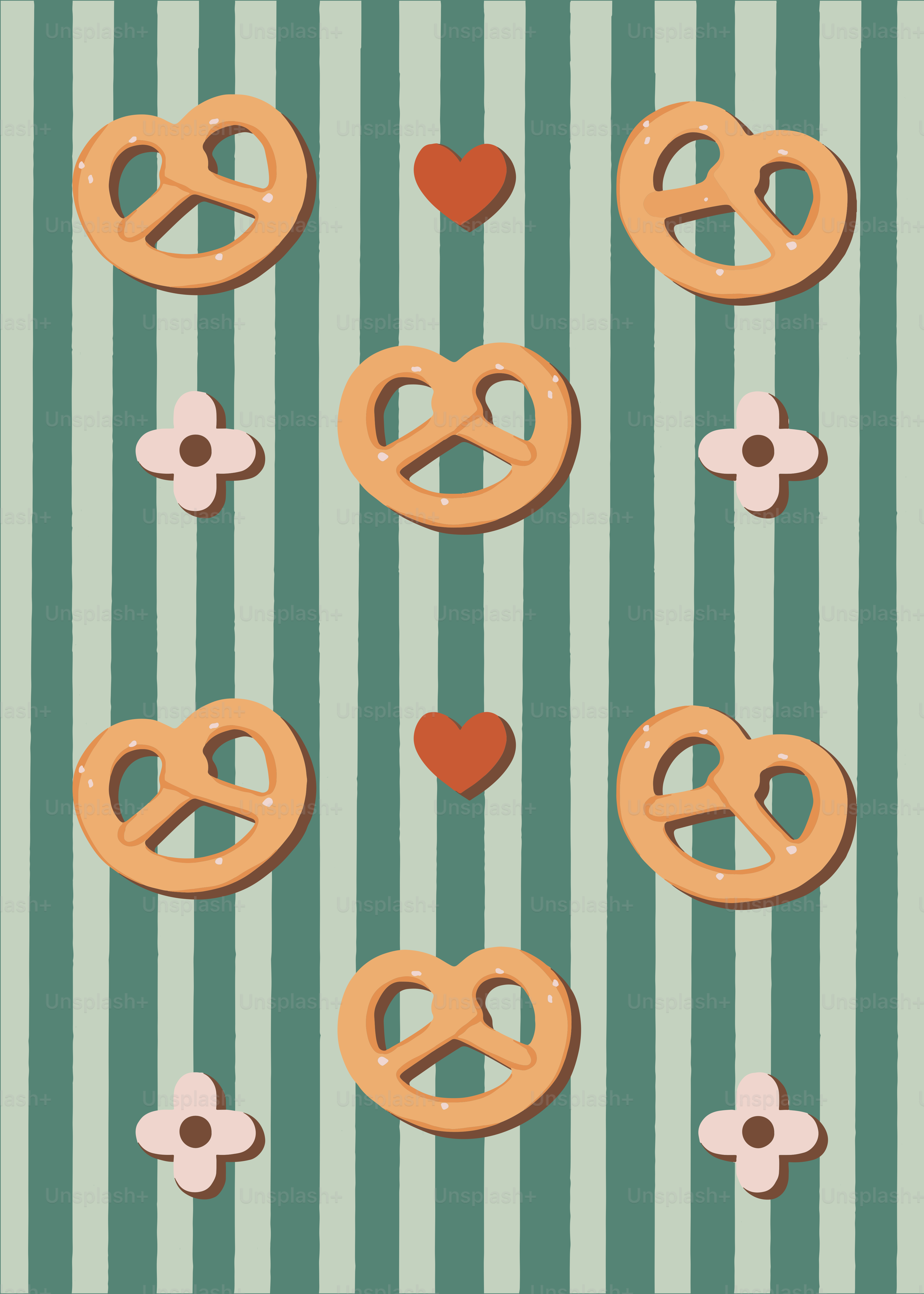 Un Patrón De Pretzels Y Corazones Sobre Un Fondo De Rayas Vector