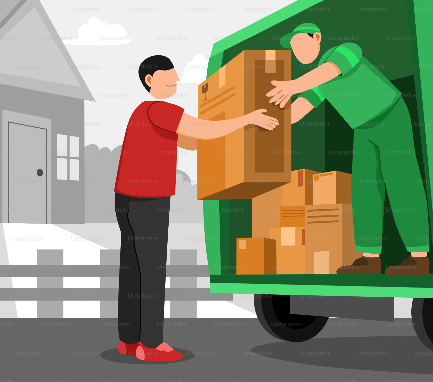A man loading boxes onto a green truck vector – Receiving packet Image ...
