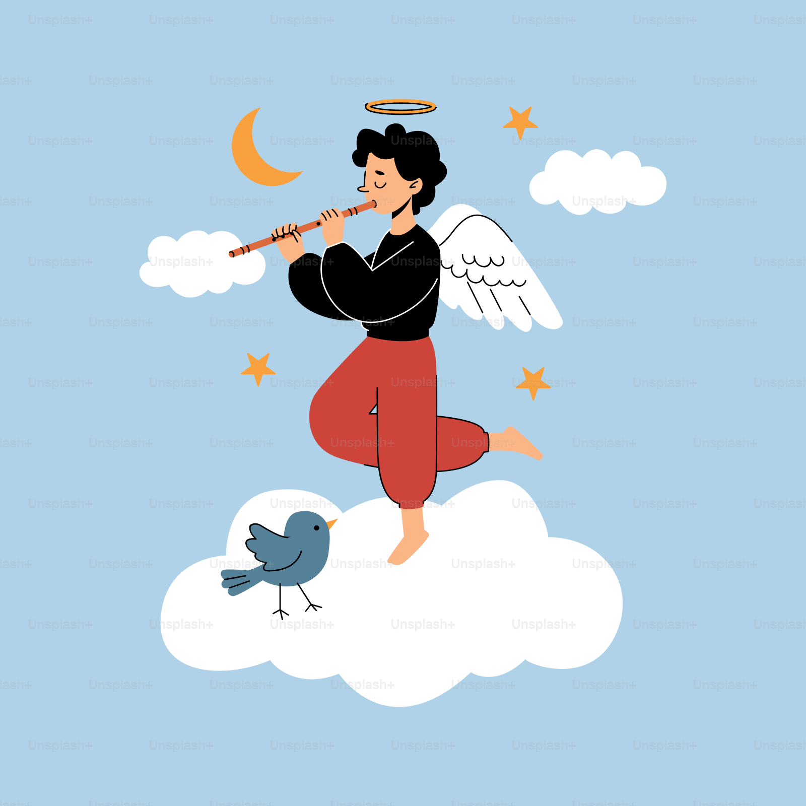 An angel playing a flute on top of a cloud vector – Background Image on ...