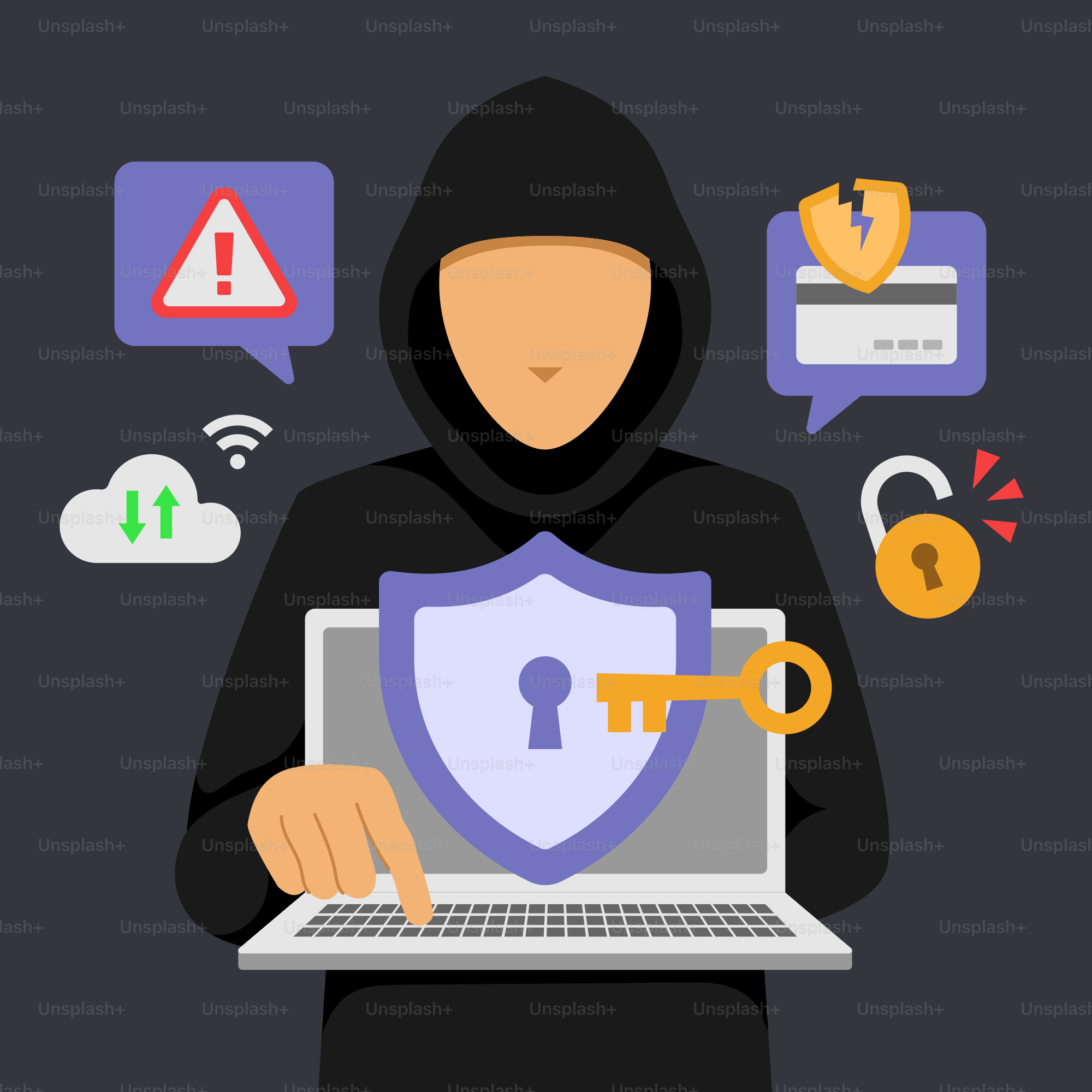 A person in a hooded jacket holding a laptop with a lock on it vector ...
