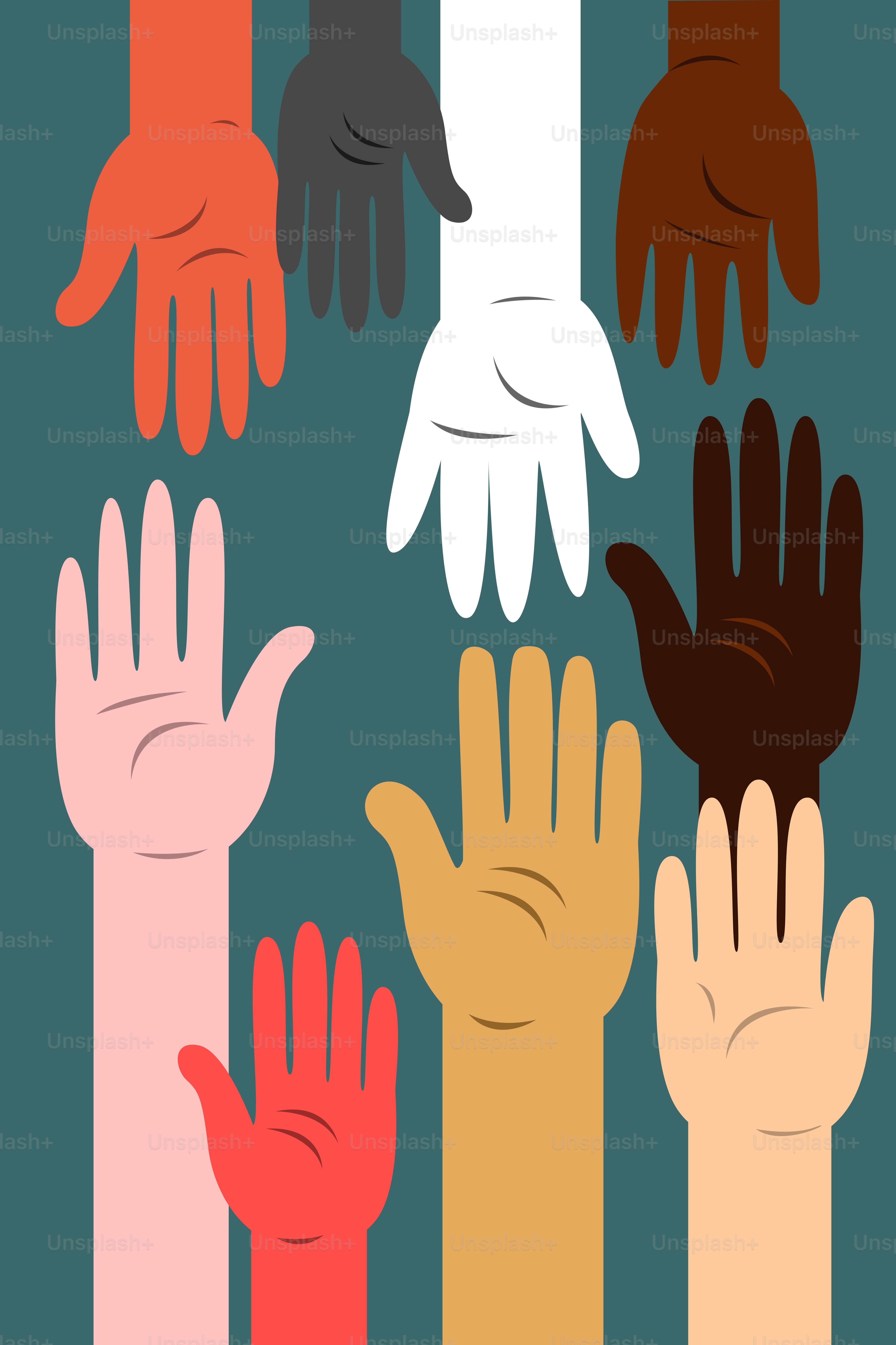 A bunch of different colored hands on a green background vector – Hand ...