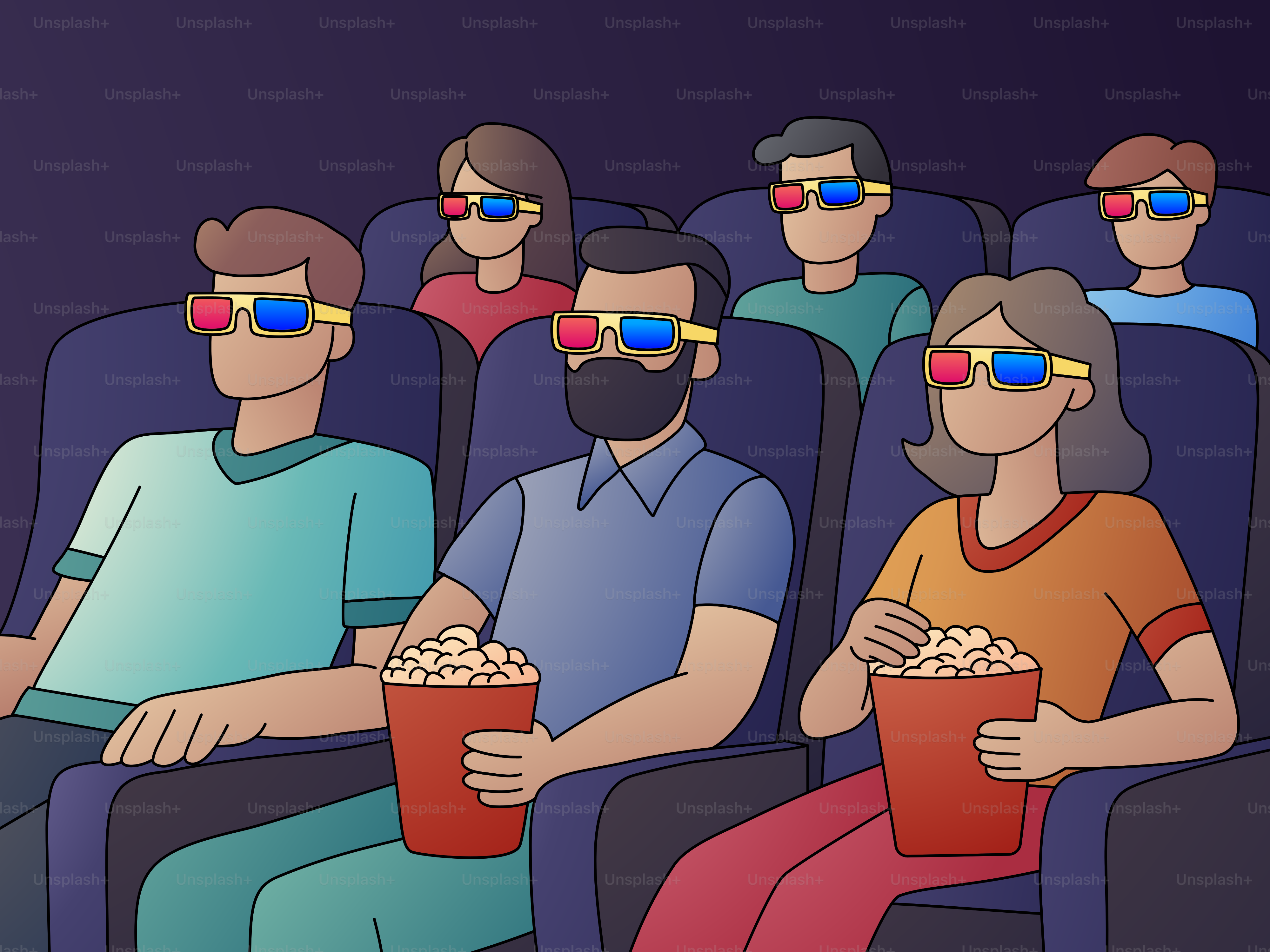 Un grupo de personas con gafas 3D viendo una película vector – Imagen ...