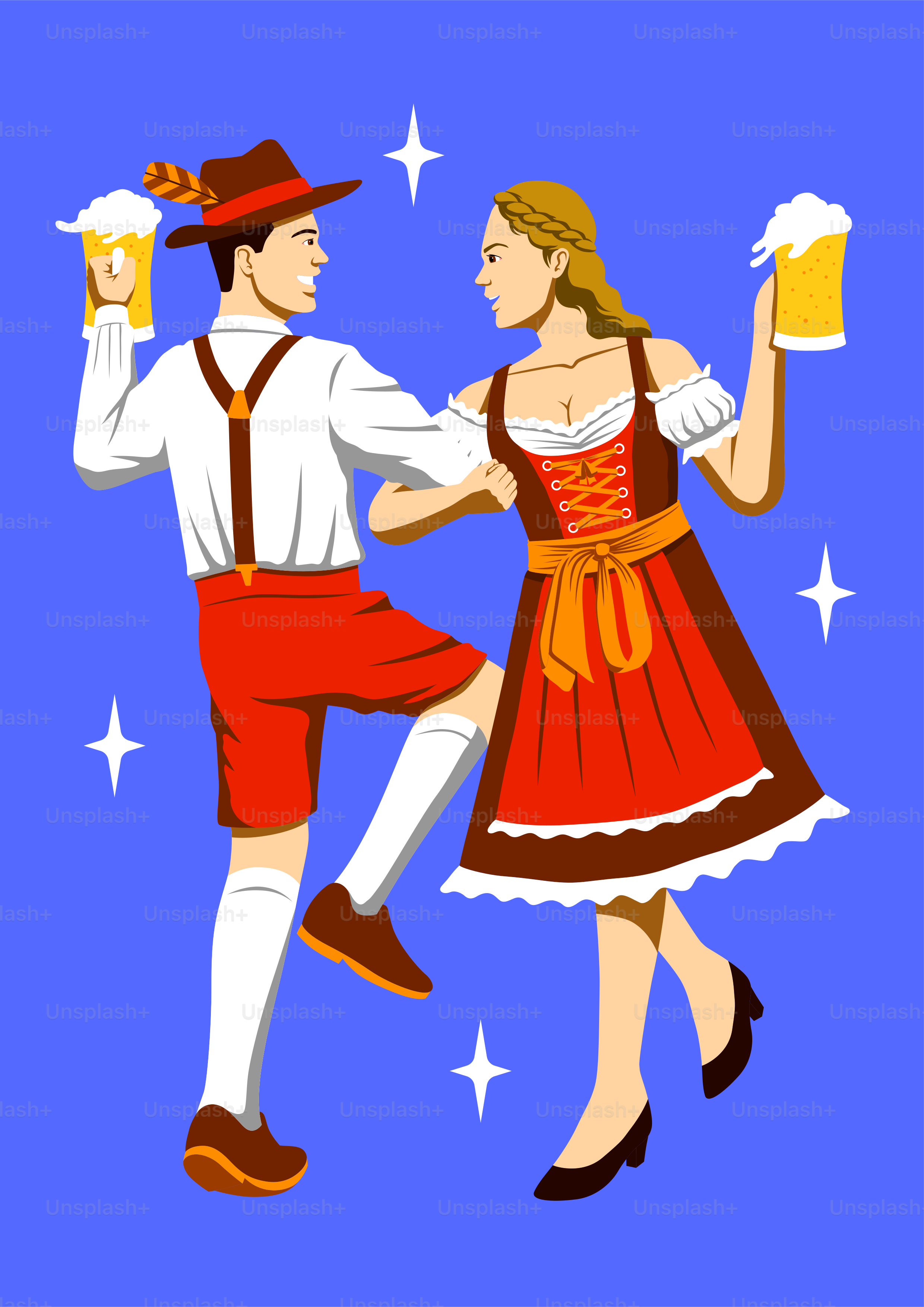 A man and a woman dressed in traditional german clothing dancing vector ...