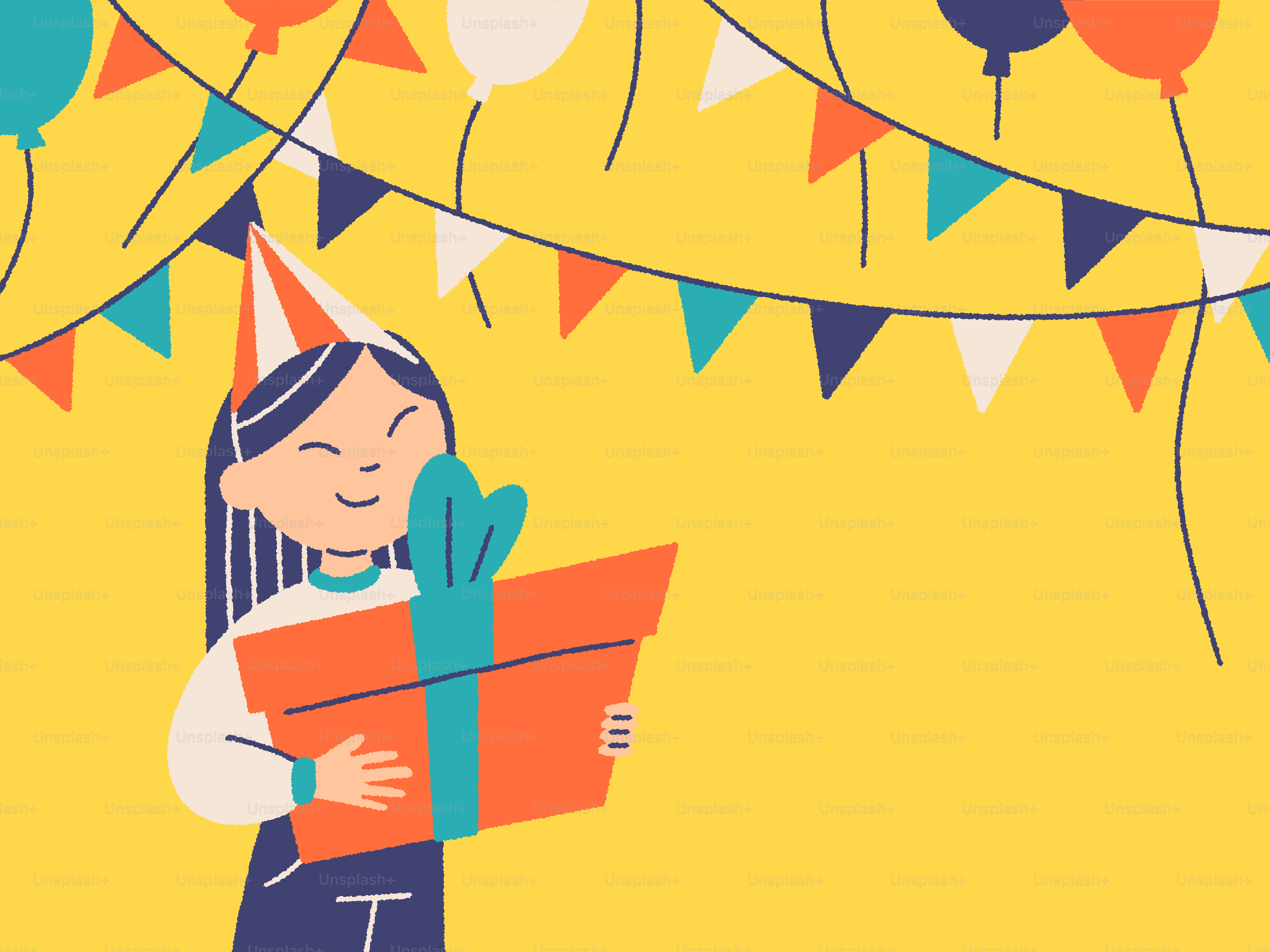 A girl is holding a birthday present under a streamer of streamers ...