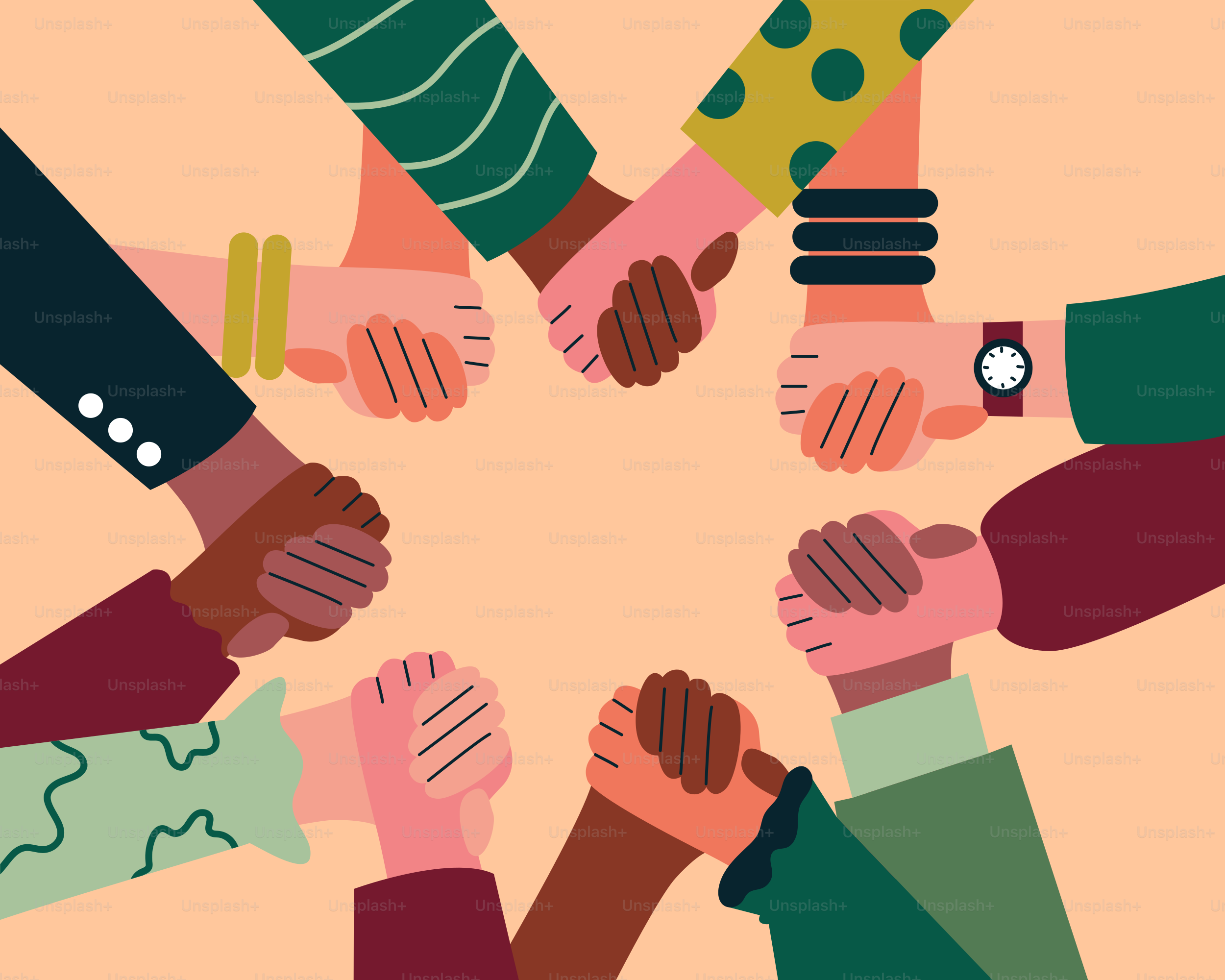 Un grupo de personas tomadas de la mano en un círculo vector – Imagen ...