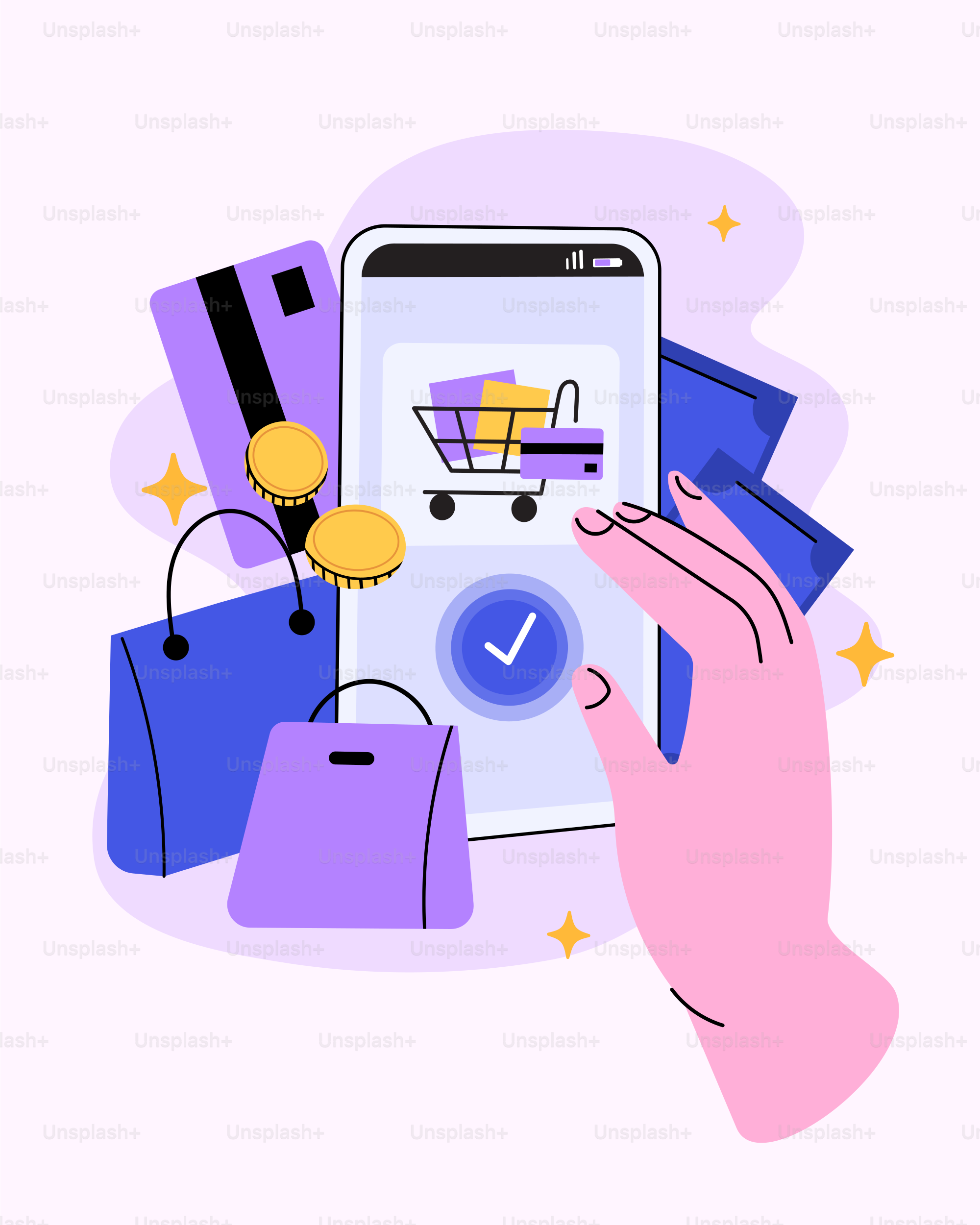 A hand holding a smart phone with a shopping cart on the screen vector ...