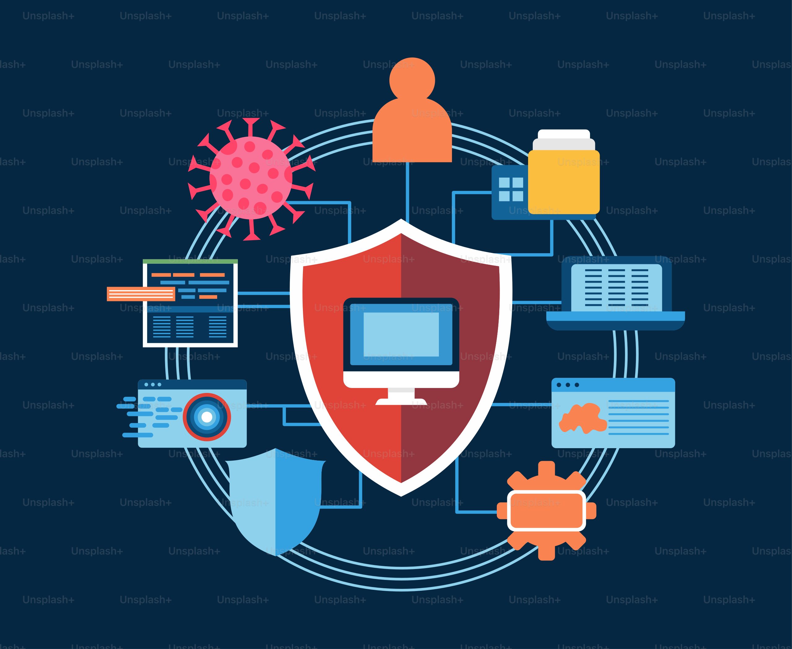 A shield surrounded by icons and symbols vector – Illustration Image on ...