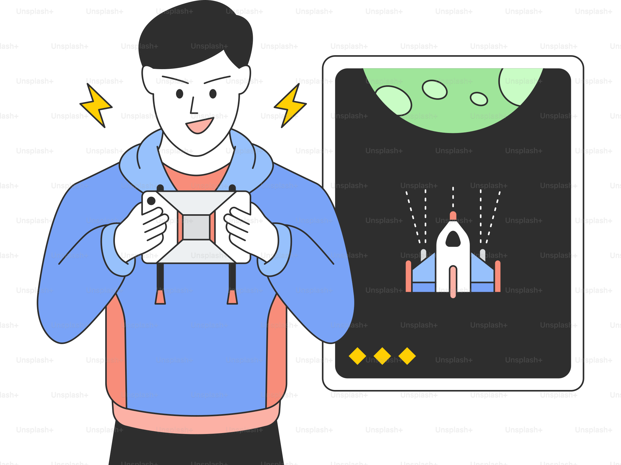 A man standing in front of a drawing of a rocket ship vector – Gaming ...