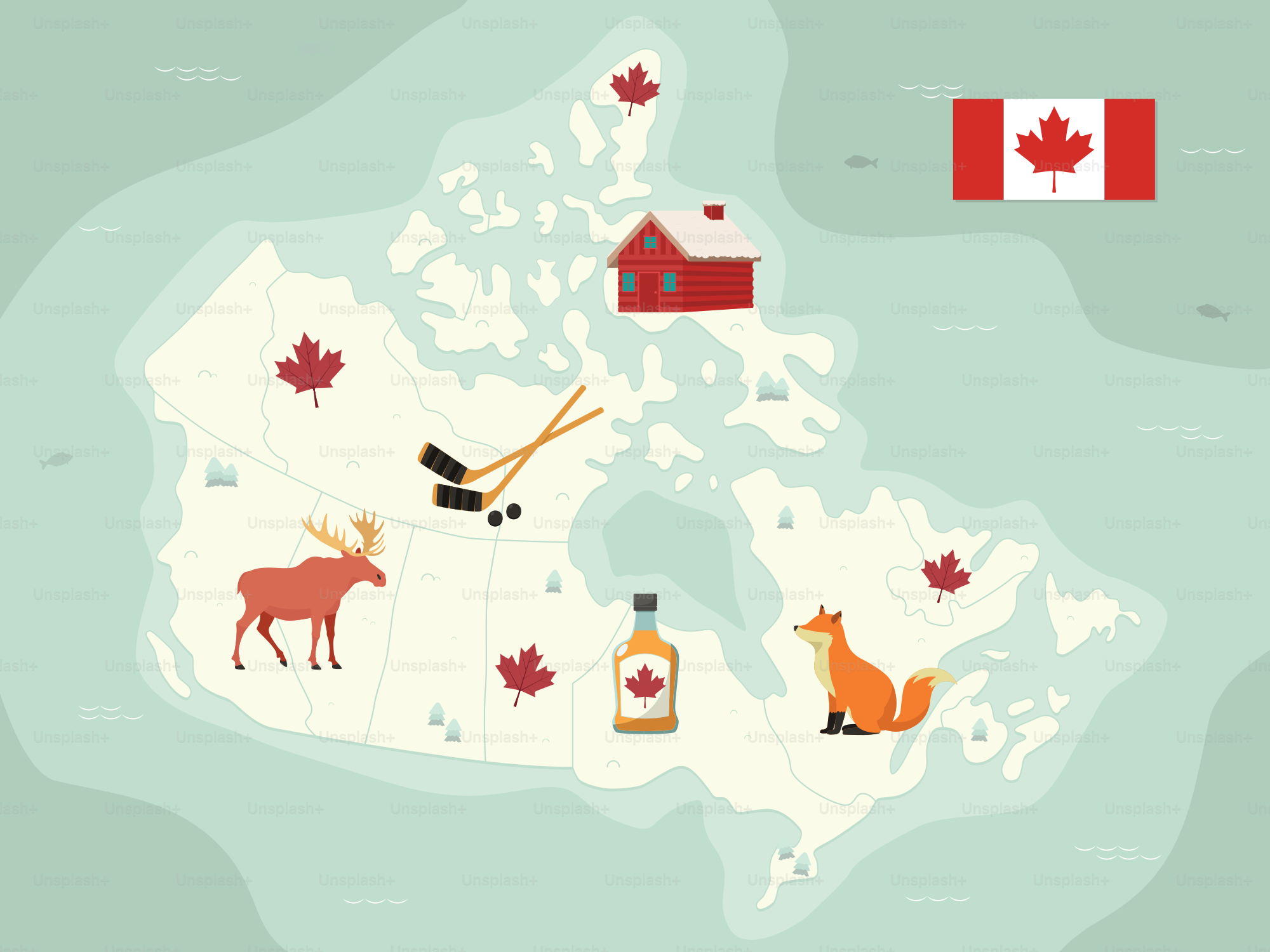 A map of canada with animals and a canadian flag vector – Map Image on ...