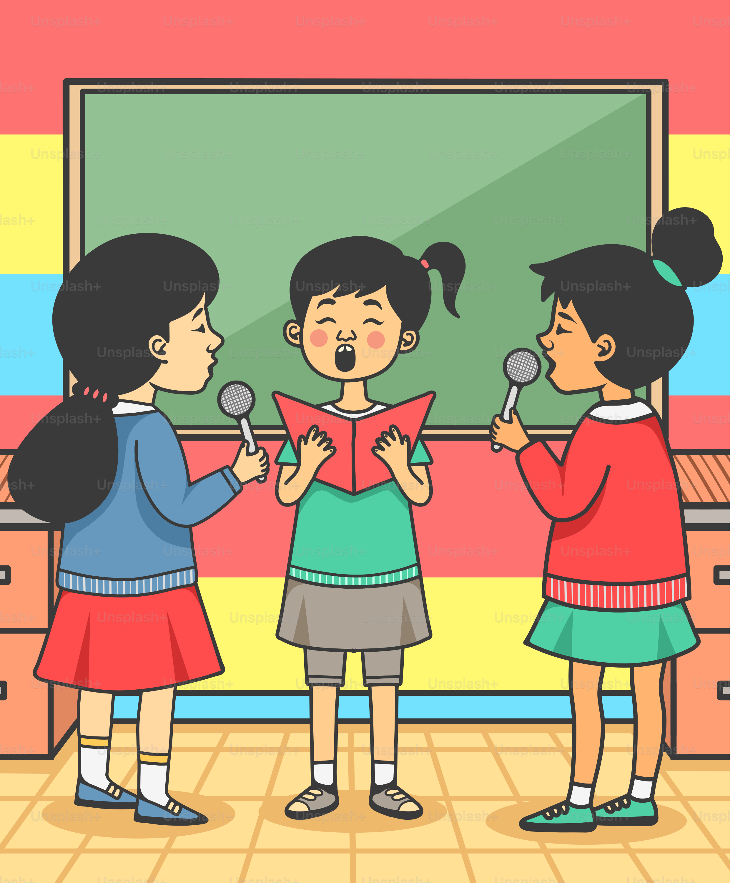 A group of children singing in front of a blackboard vector – School ...