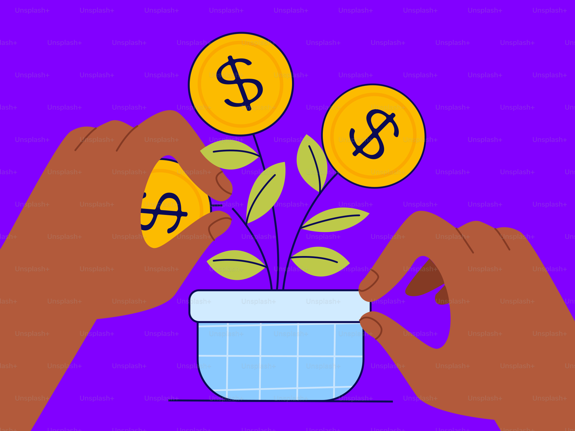 Two hands are holding a pot with money coming out of it vector – Money ...