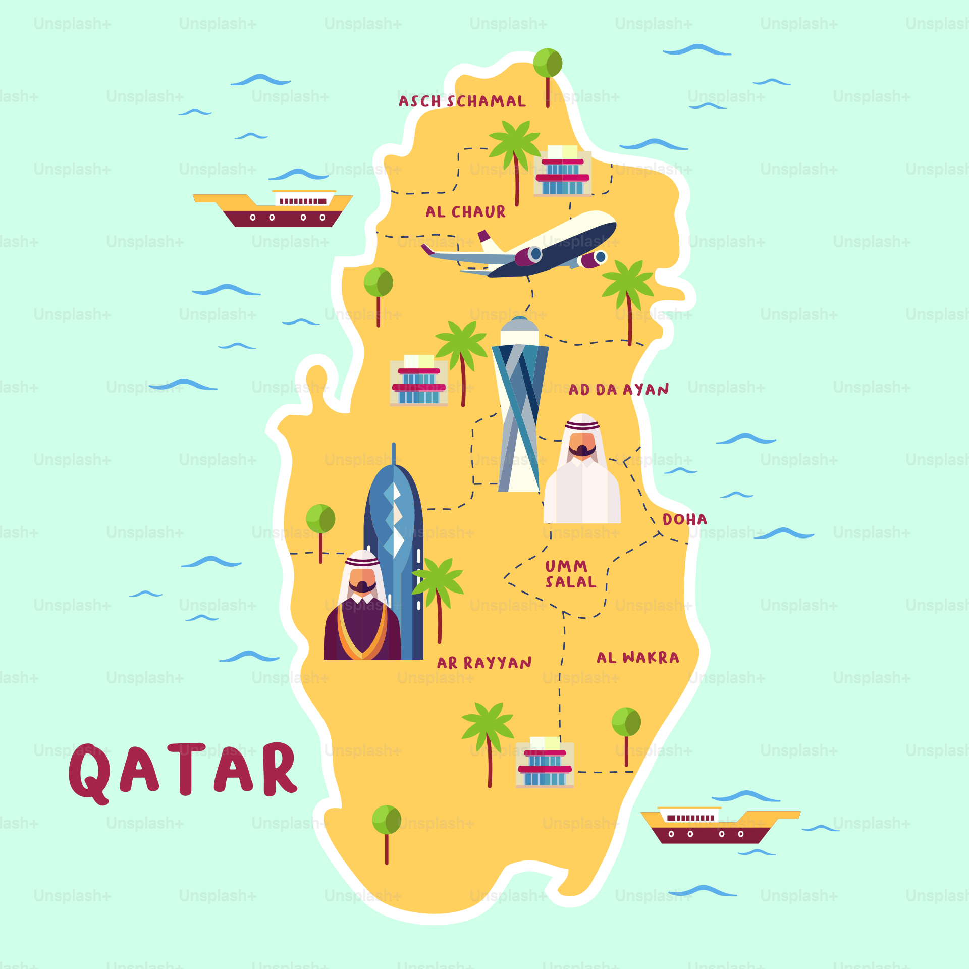 A map of qatar with all the major attractions vector – Qatar Image on ...