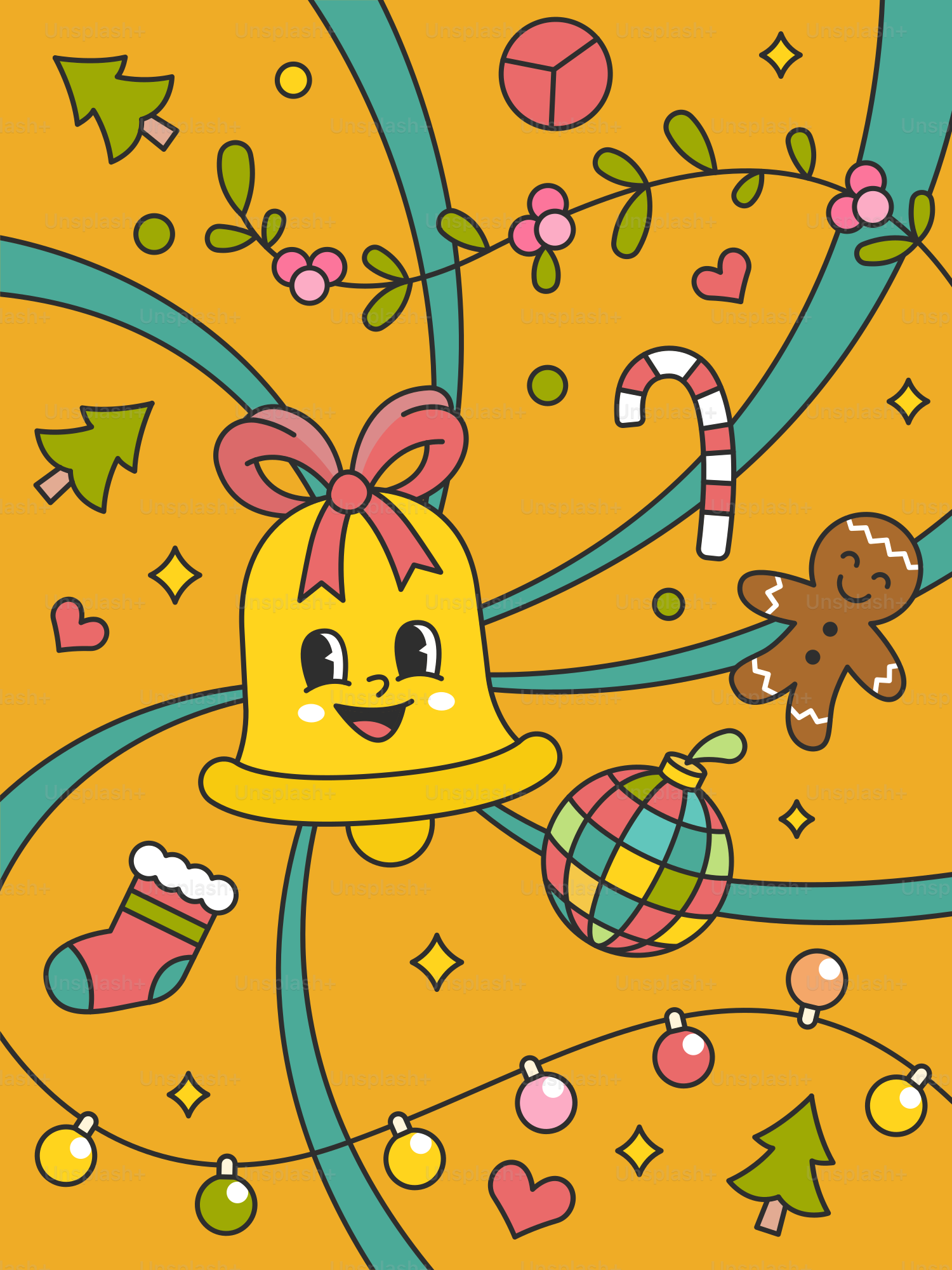 Vektor Kartu natal dengan lonceng dan tongkat permen – Gambar Natal di ...