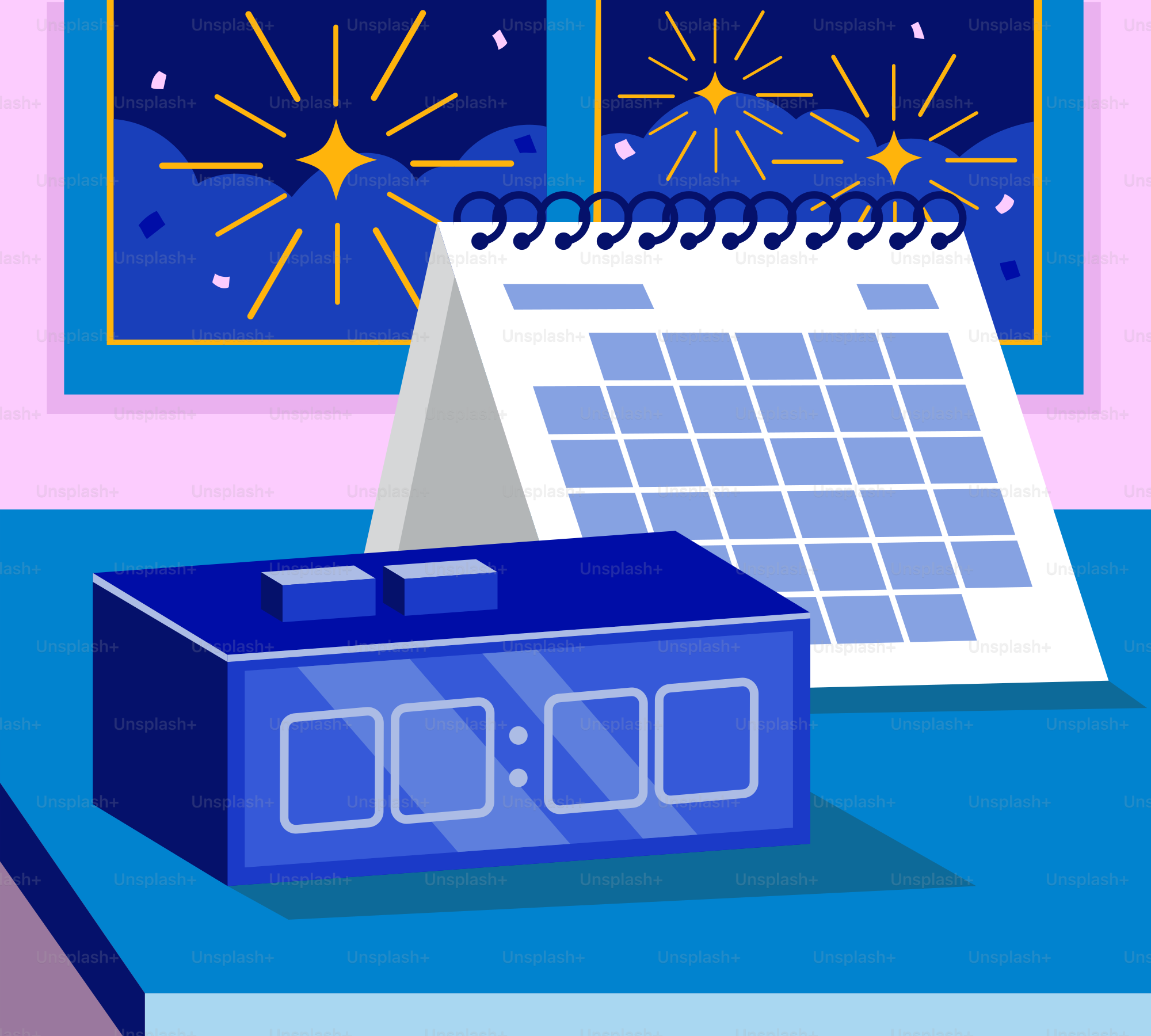 A desk with a calendar and a clock on it vector – New years eve Image ...