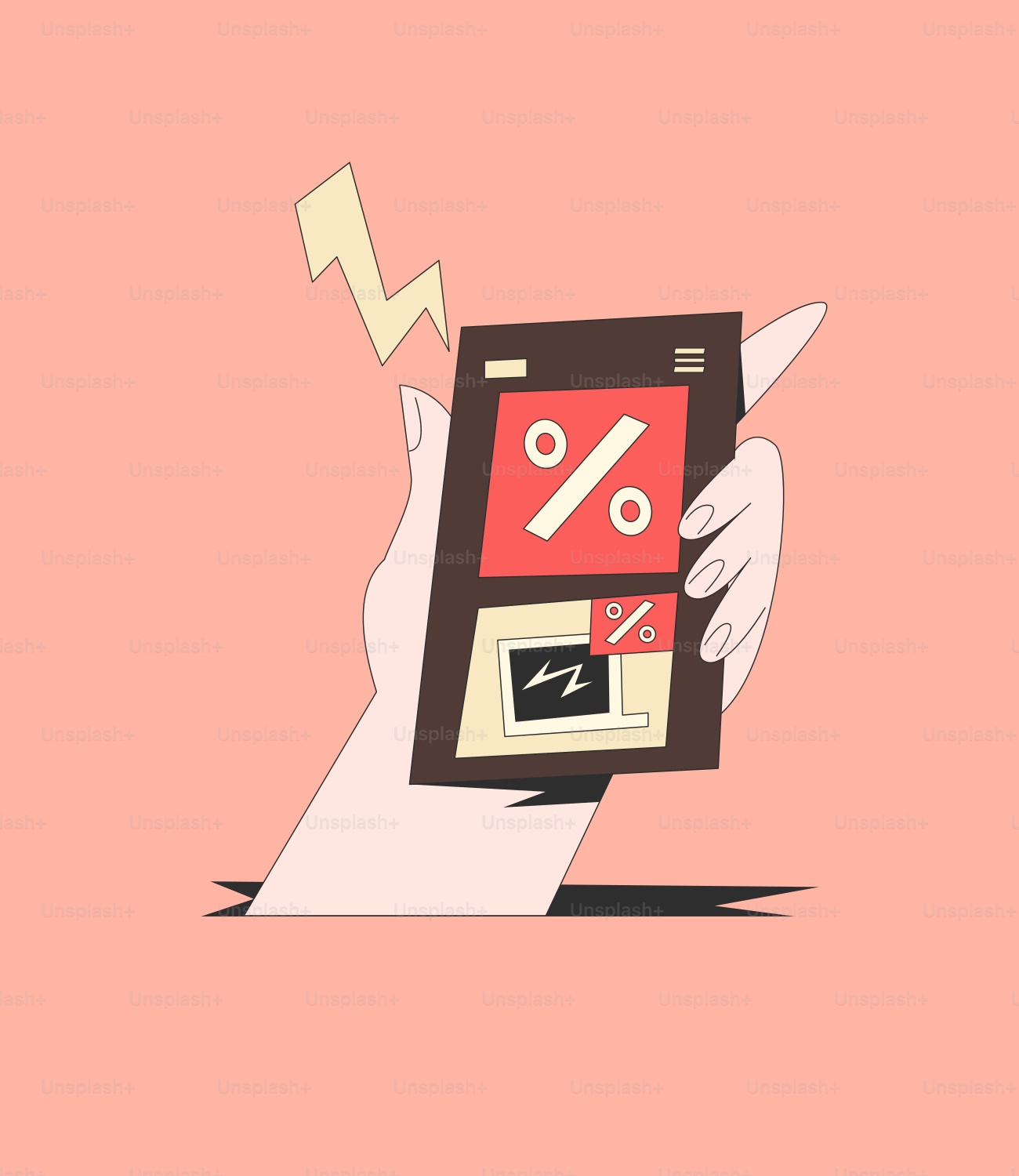 A hand holding a cell phone with a percentage sign on it vector ...