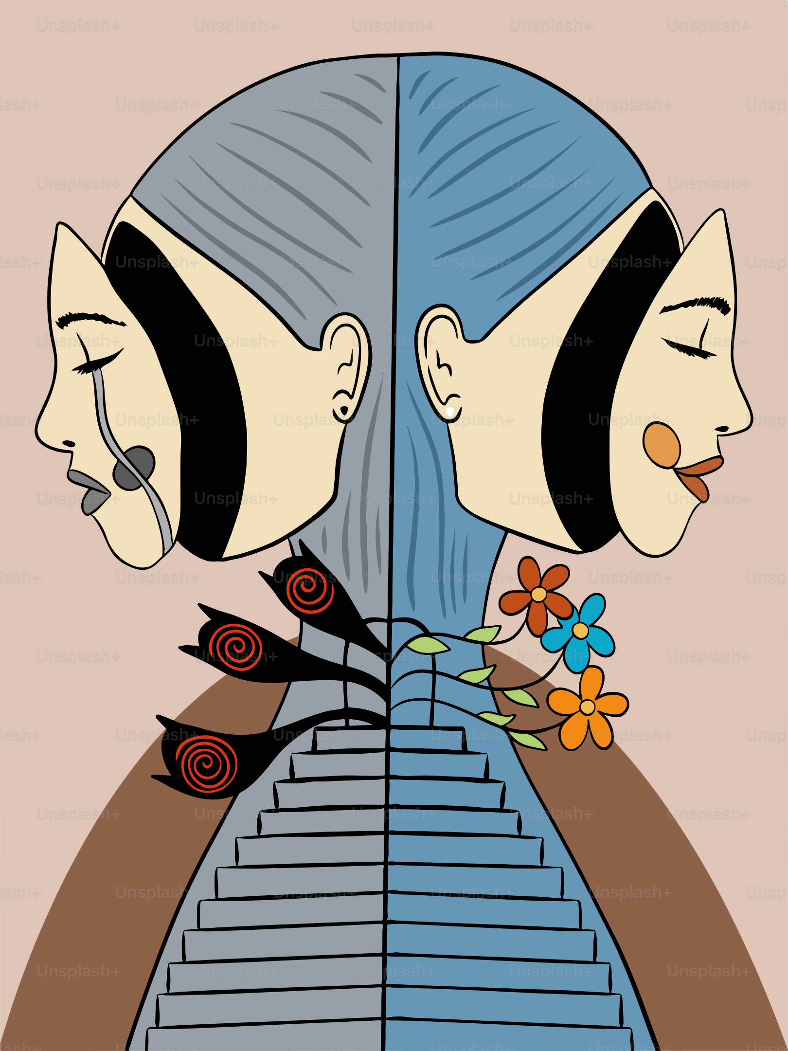 Un disegno di una donna con dei fiori tra i capelli vettoriale ...