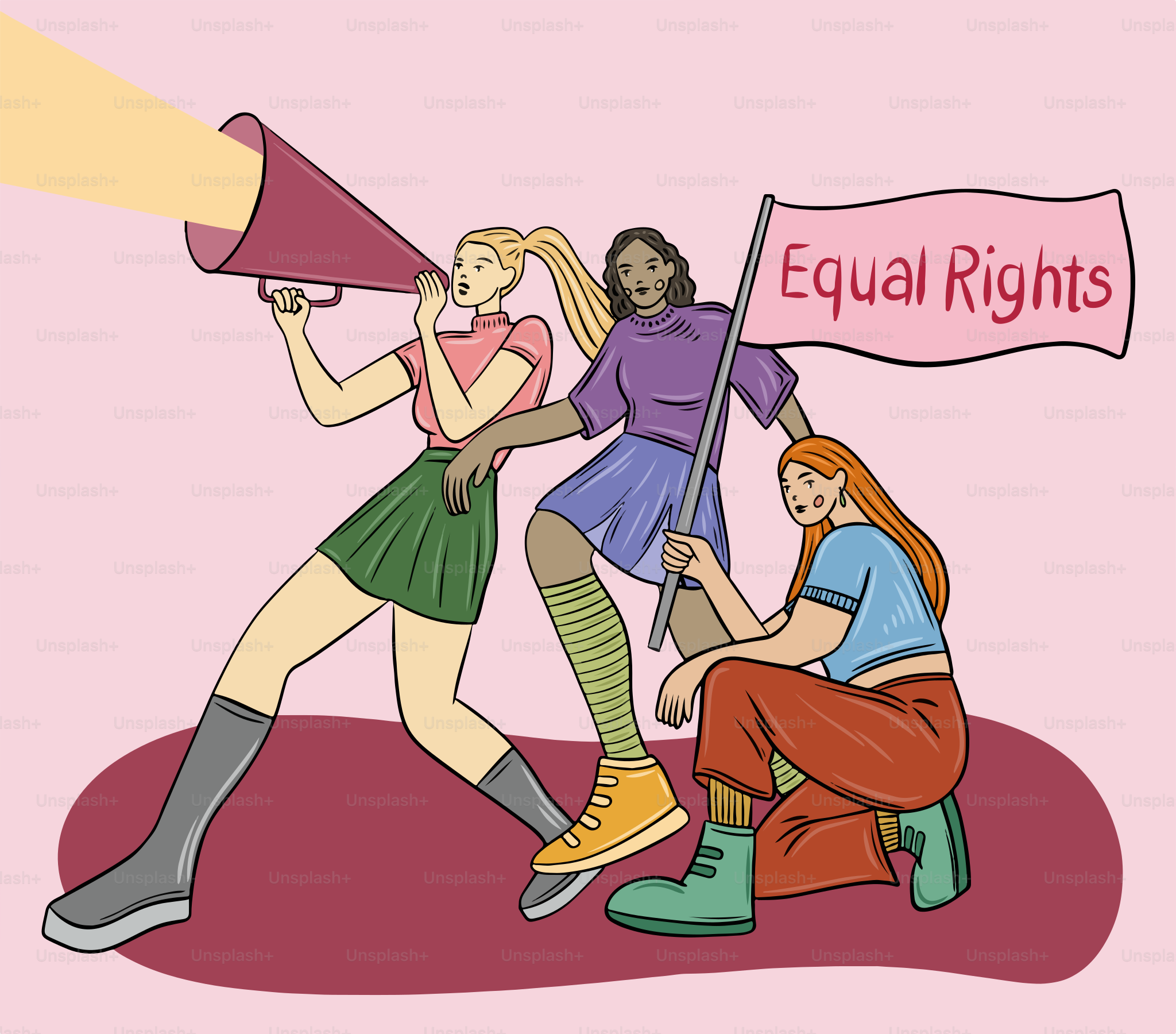 A drawing of a group of people holding a sign that says equal rights ...