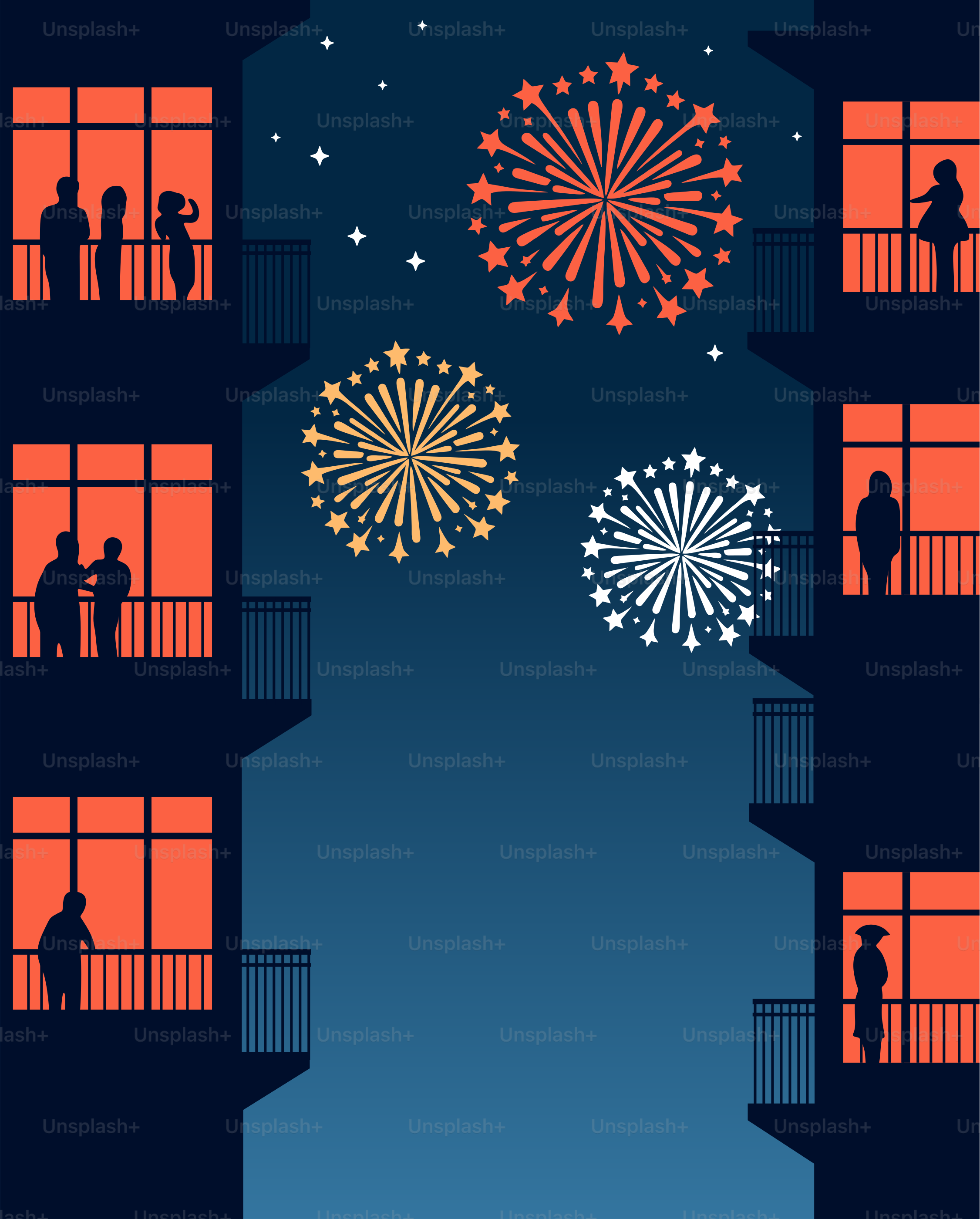 A poster with fireworks and people looking out of windows vector ...