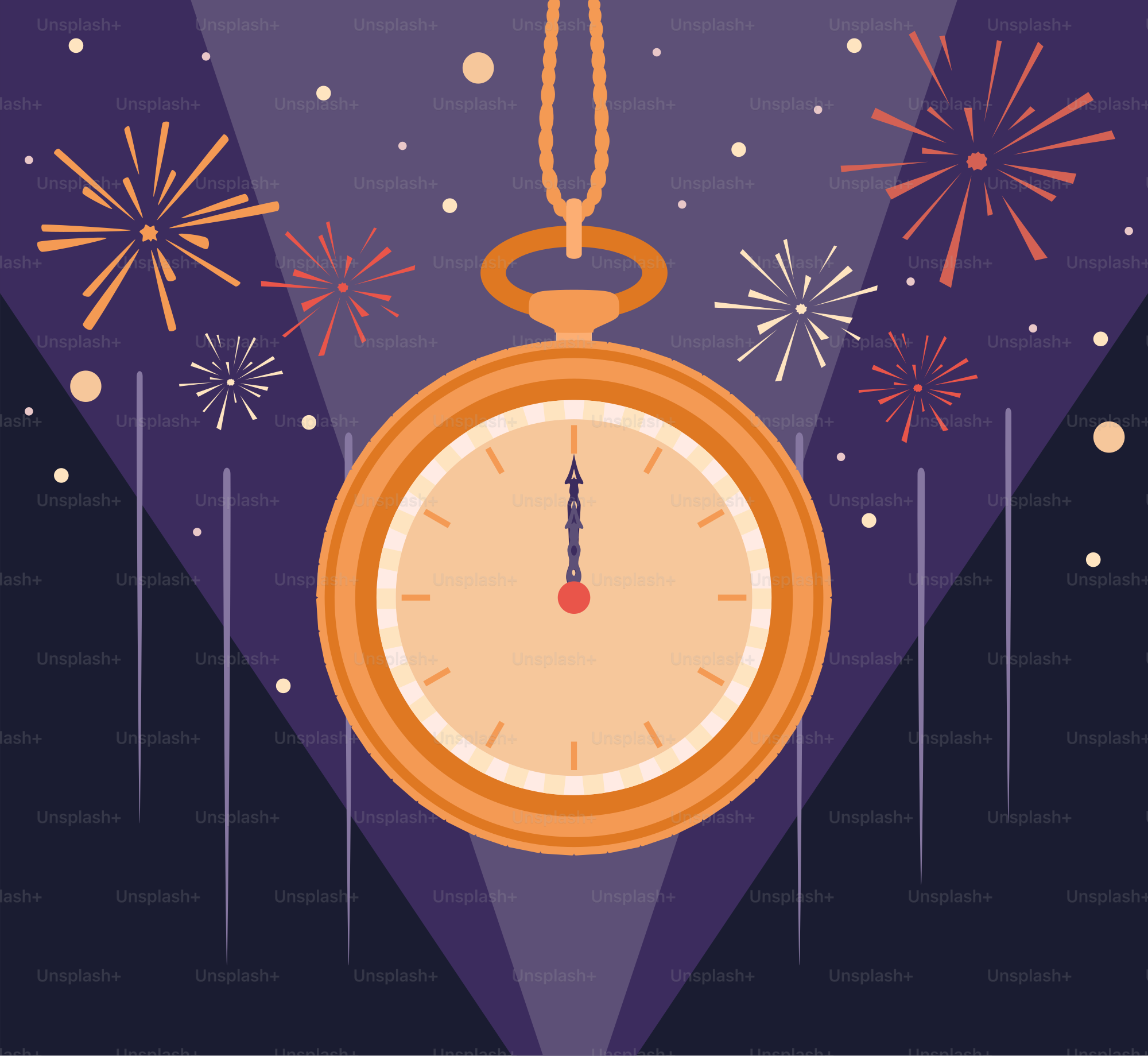 Una imagen de un reloj de bolsillo con fuegos artificiales en el fondo ...