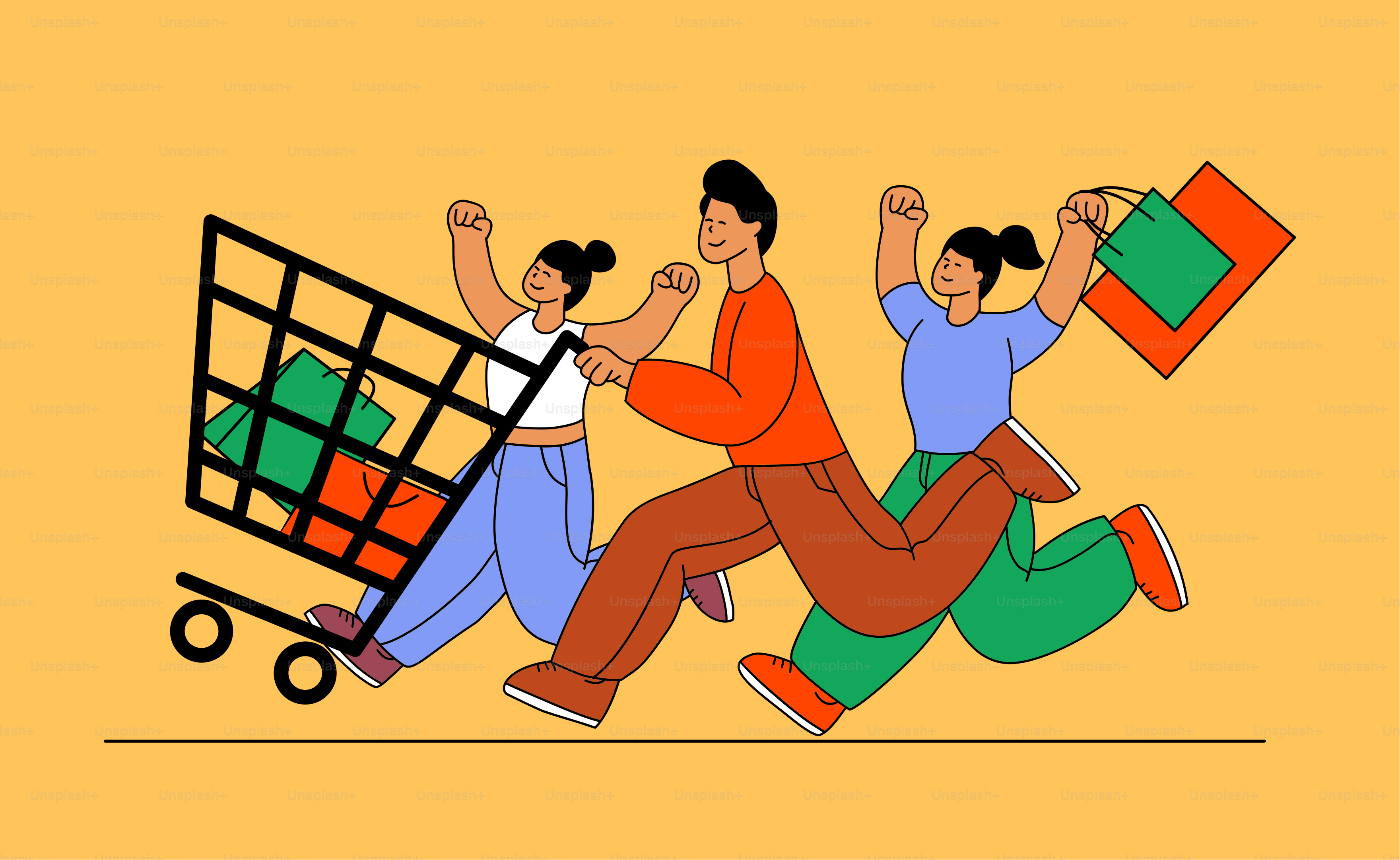 A group of people running with a shopping cart vector – Illustration ...