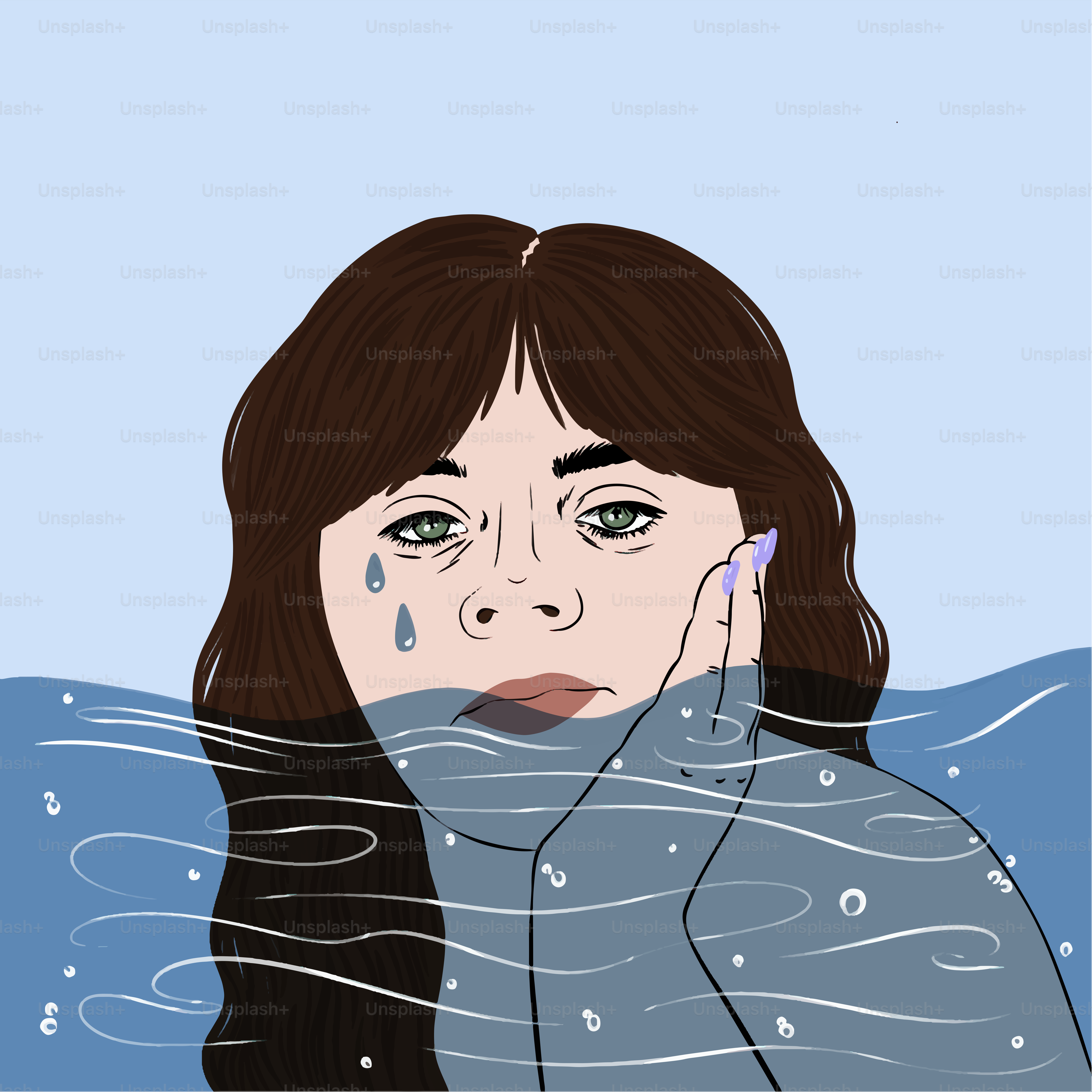 A drawing of a woman in the water holding a cell phone to her ear ...