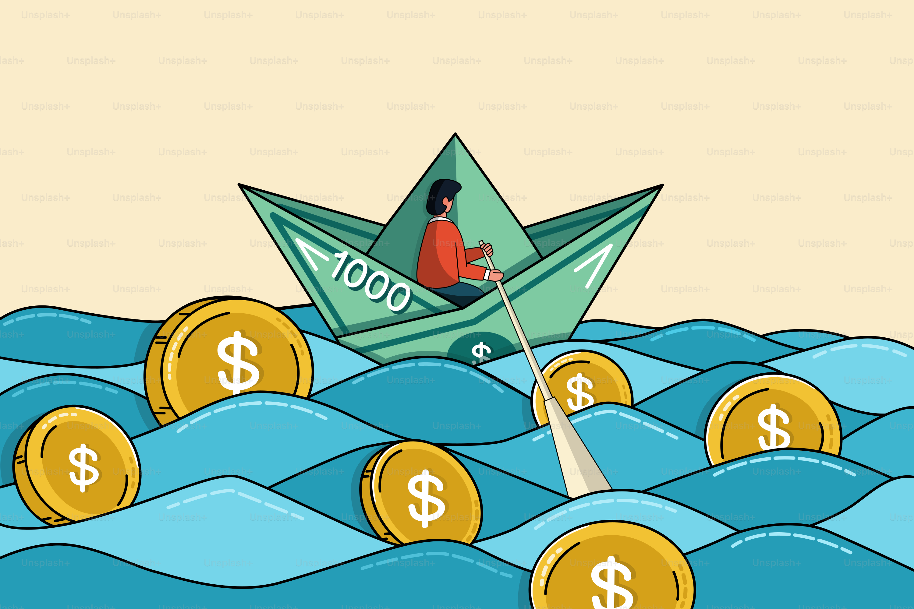 A paper boat floating on top of a pile of gold coins vector – Money ...