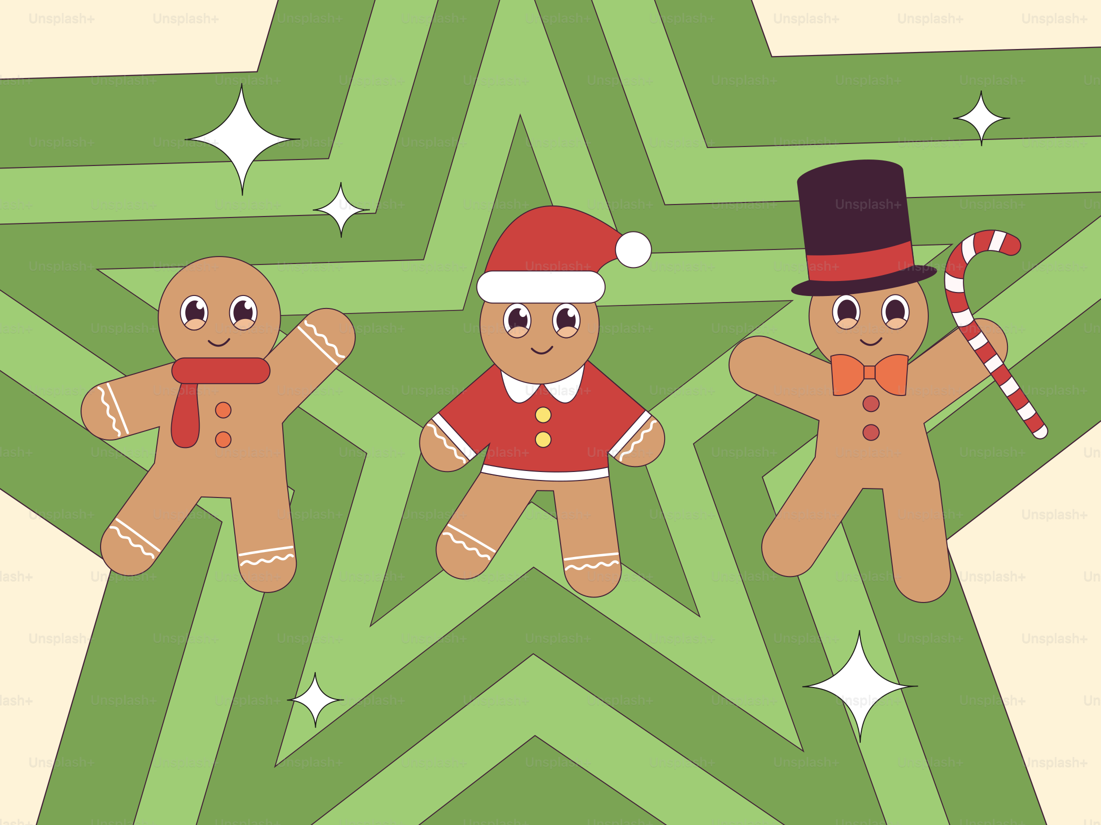 Three gingerbread men are standing in front of a star vector ...