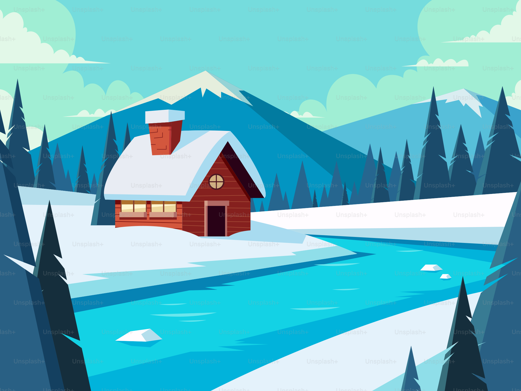 A snowy landscape with a cabin and a stream vector – Winter Image on ...
