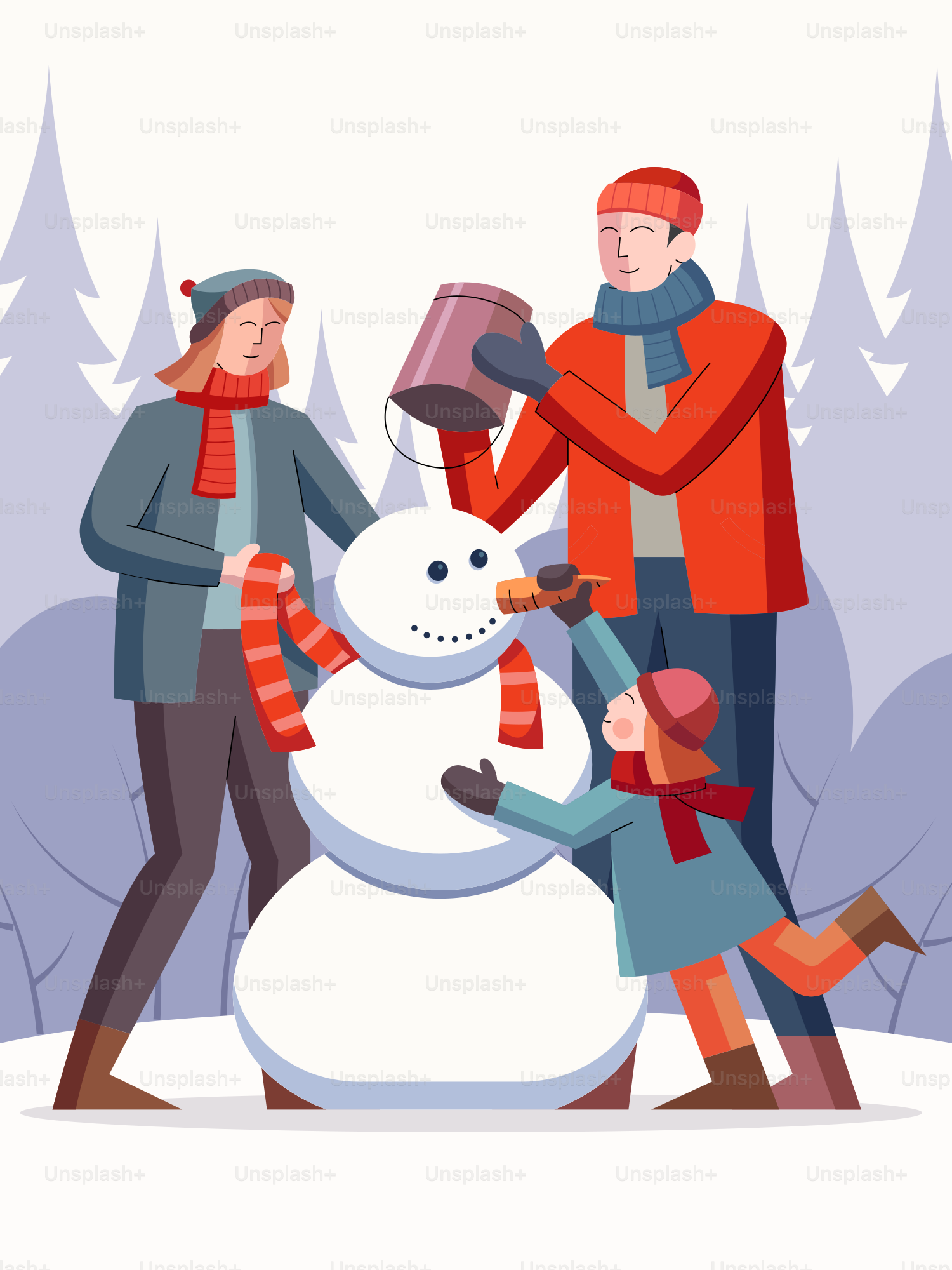 A family building a snowman in the snow vector – Outdoor activity Image ...
