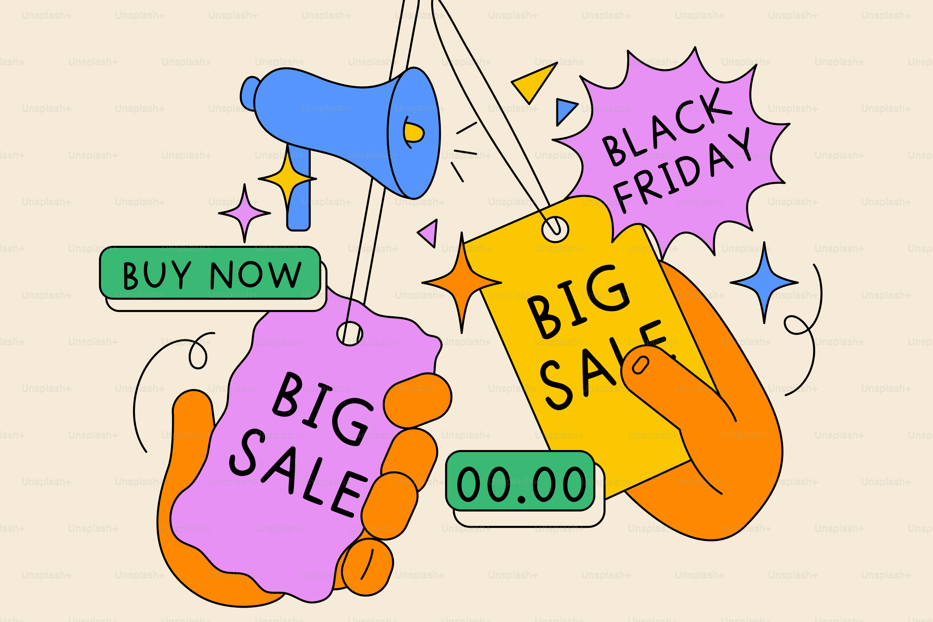 Una mano sosteniendo un gran cartel de venta con un megáfono vector ...