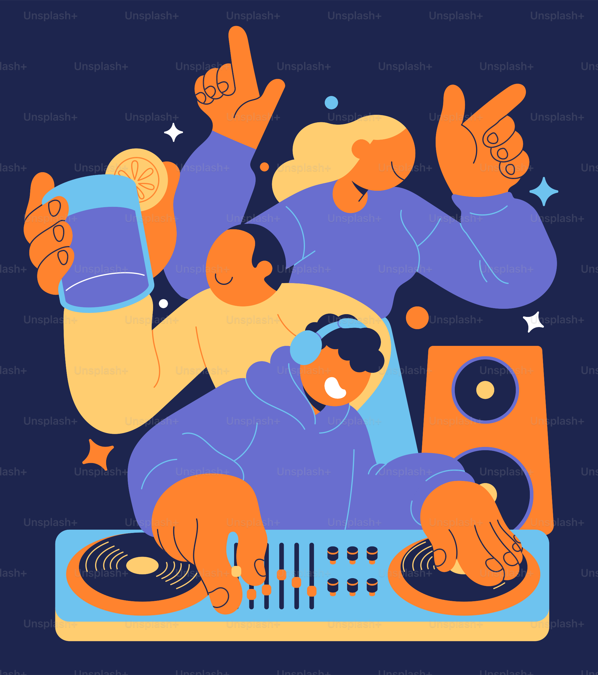 Un hombre pinchando en un tocadiscos con las manos en alto vector ...