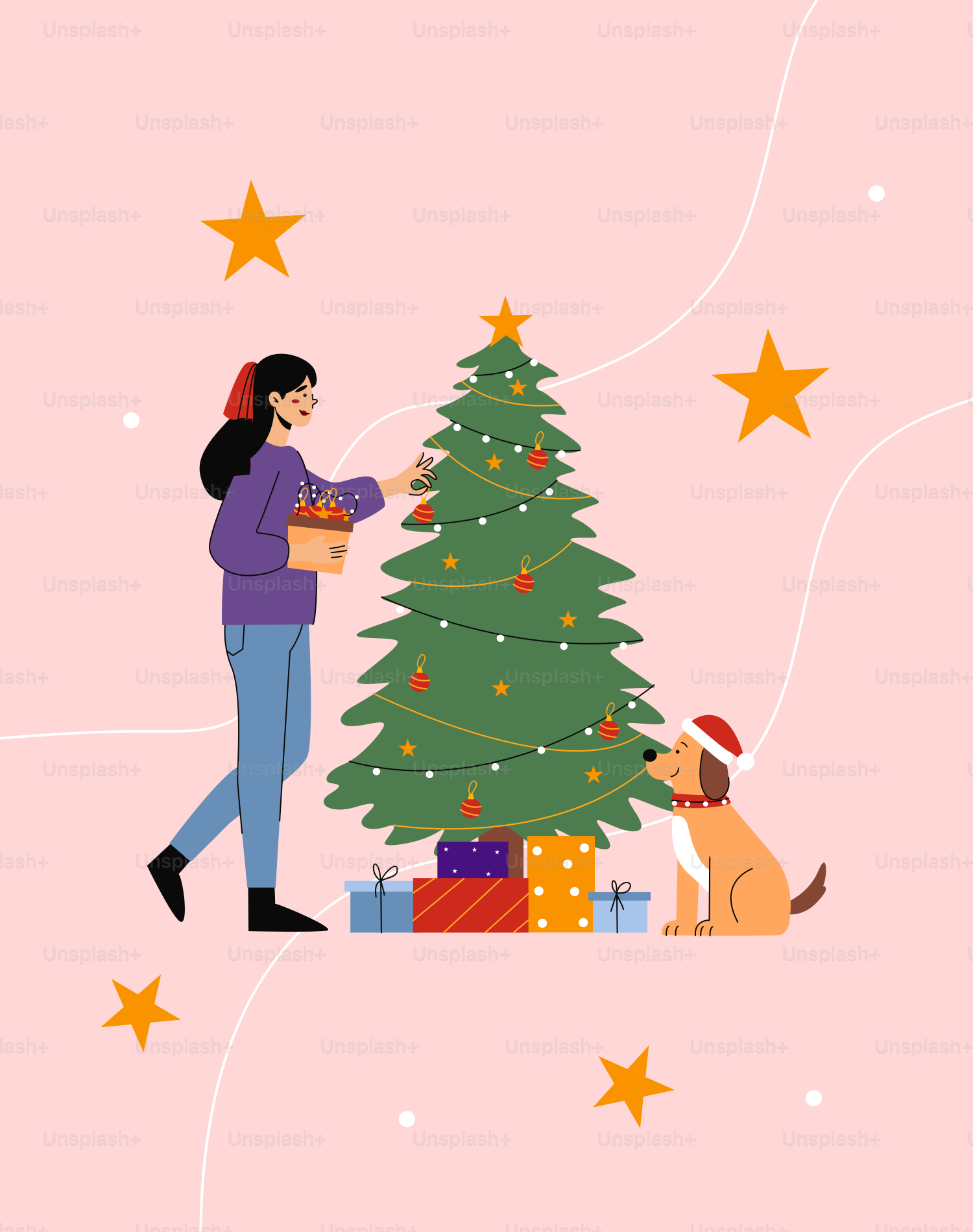 A woman putting presents under a christmas tree vector – Christmas ...