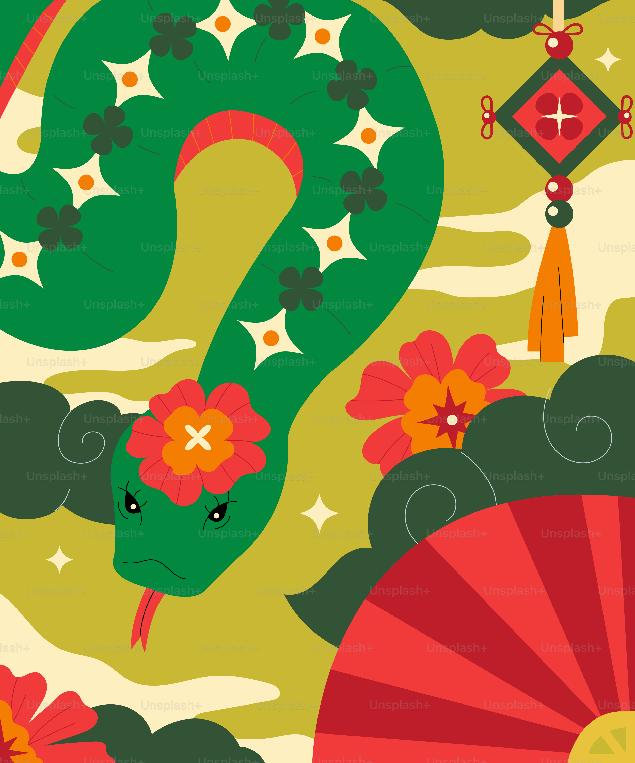 A green snake with a red umbrella and flowers vector – Chinese new year ...