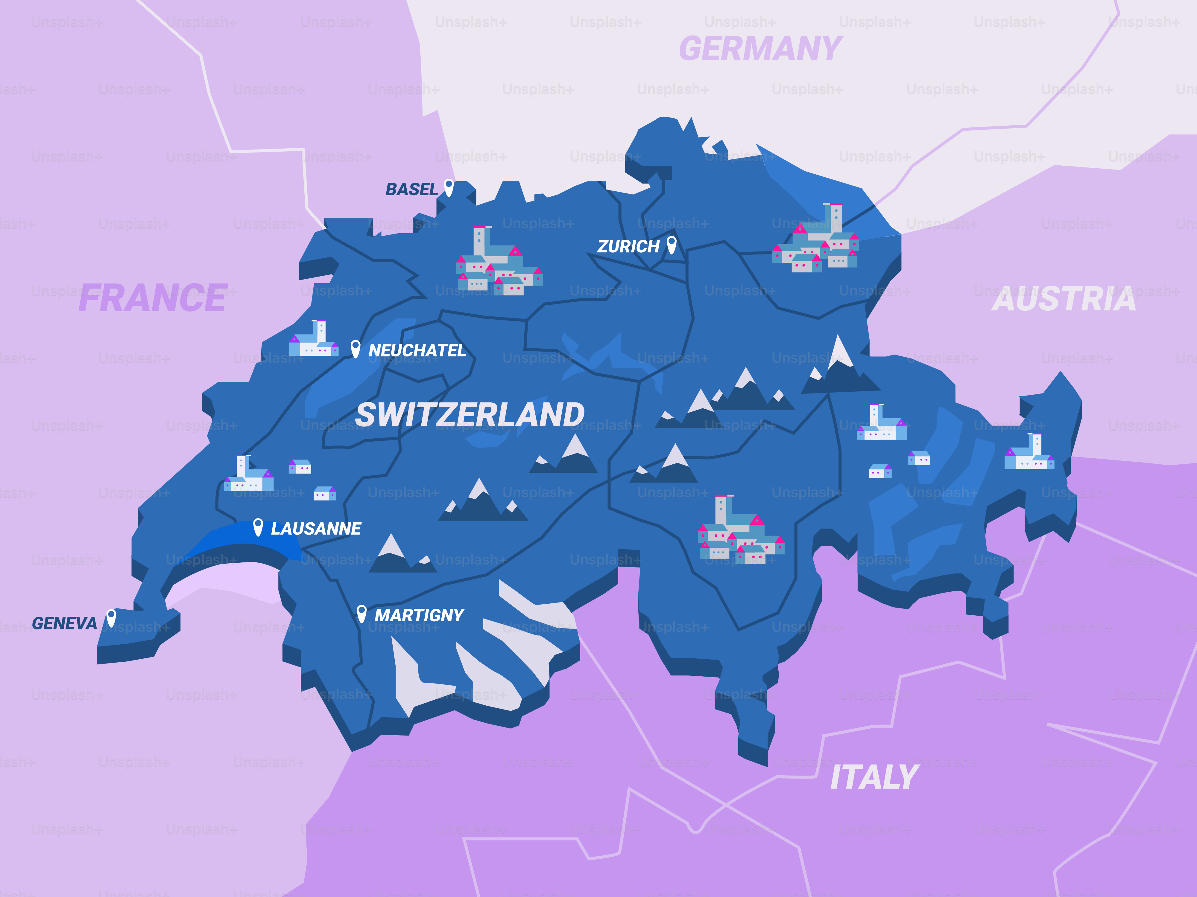 Un mapa de Suiza con todas las principales ciudades vector – Imagen de ...
