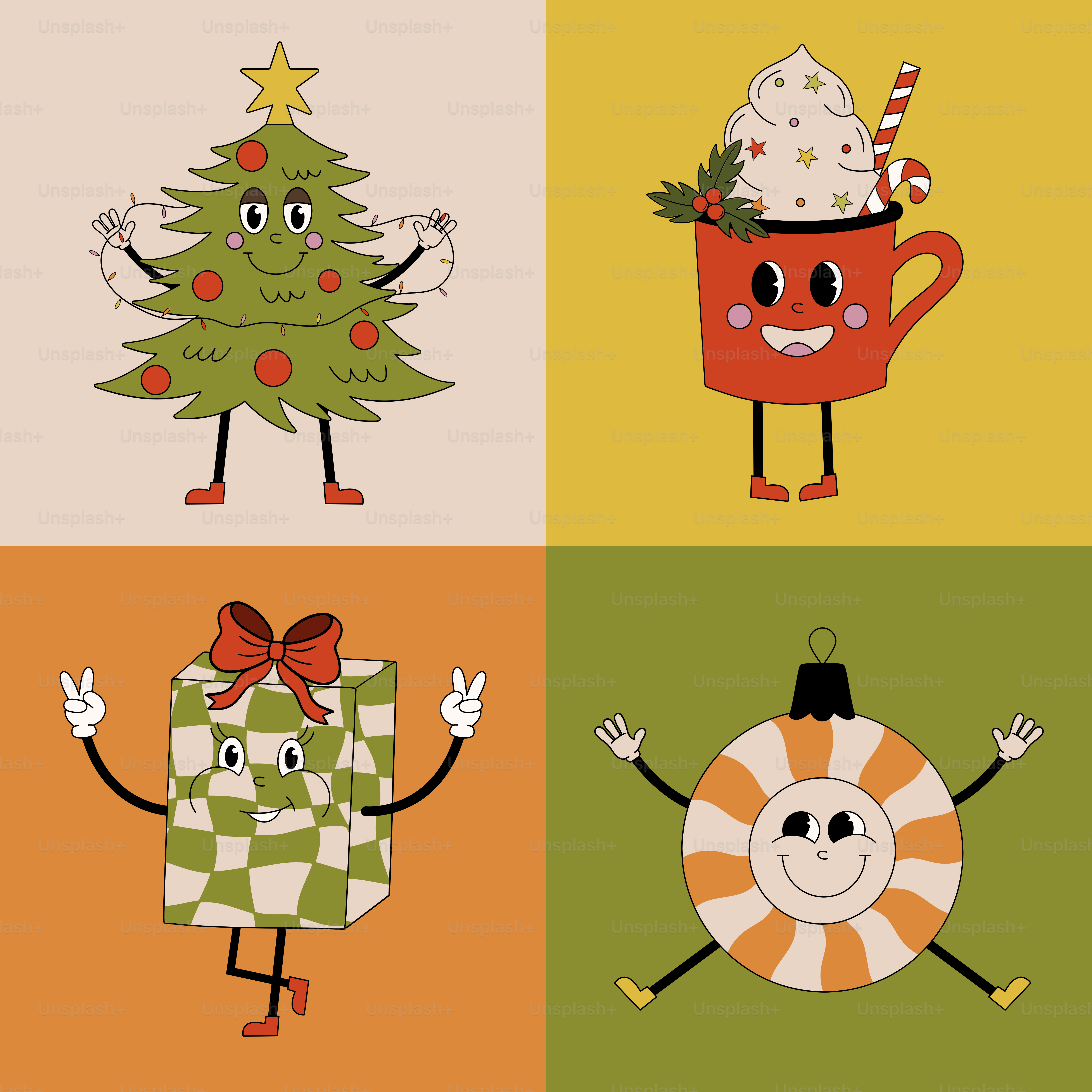 A set of four christmas cards with cartoon characters vector – Gift box ...