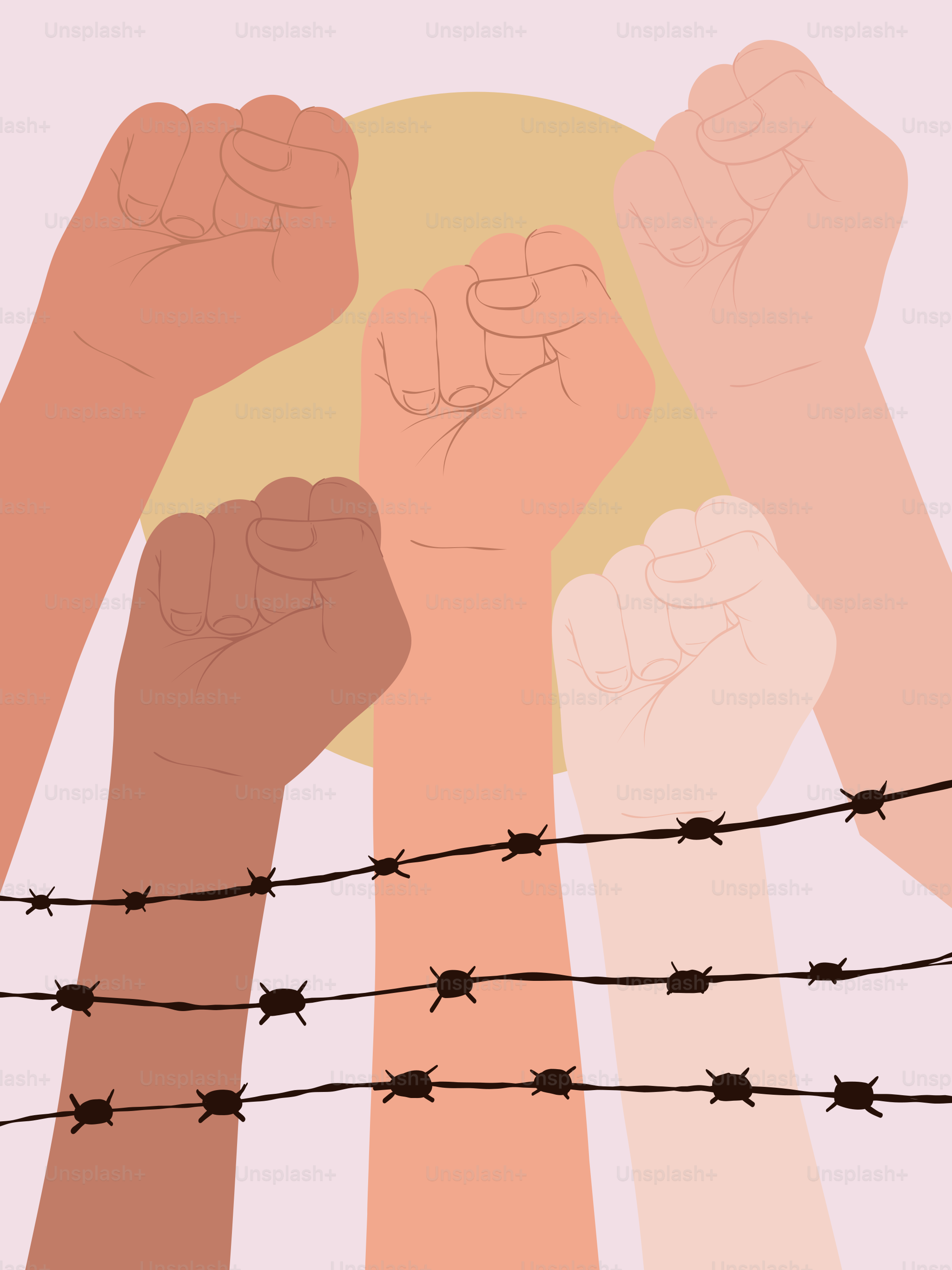 A group of people holding their fists behind a barbed wire vector ...